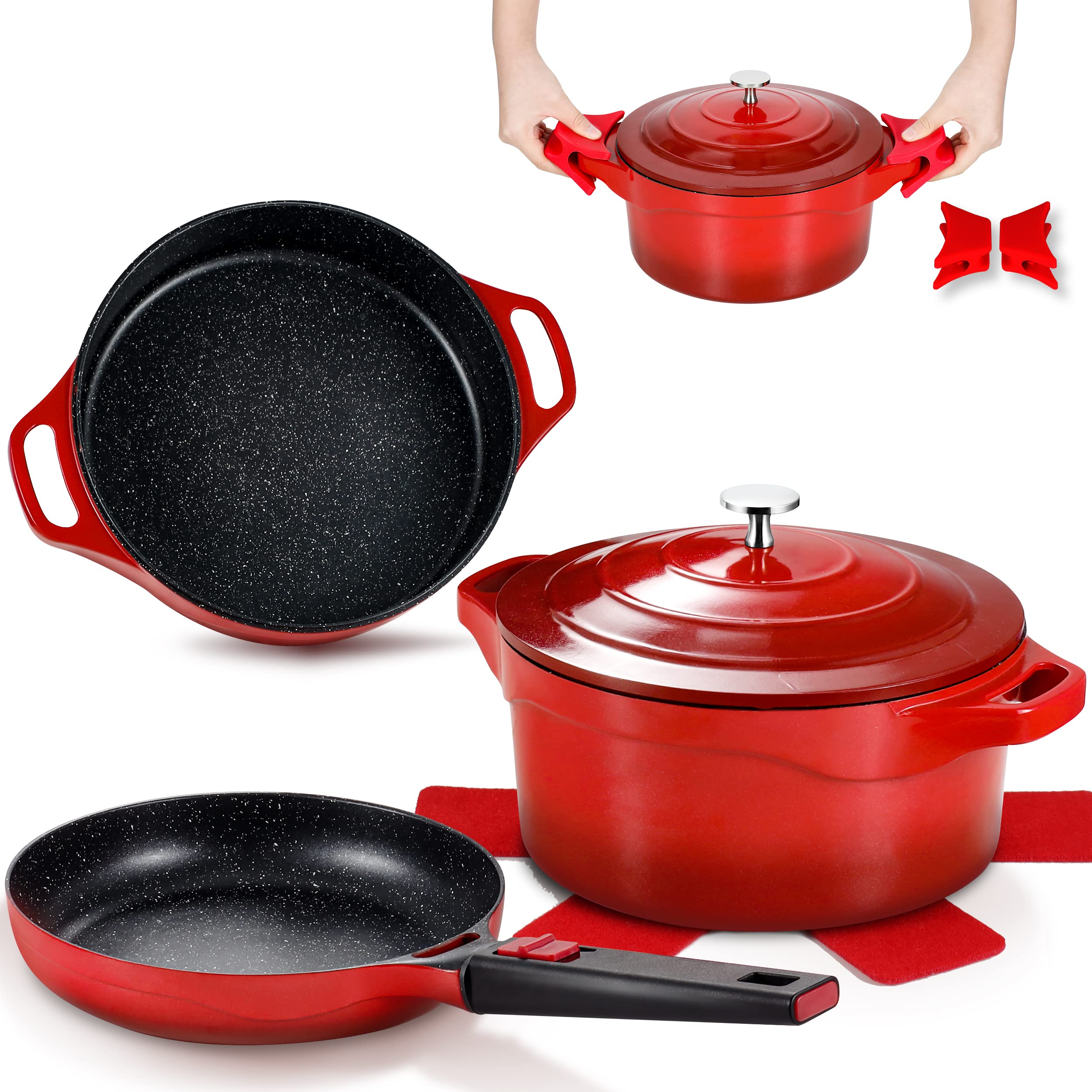 Nonstick Dutch Oven with Lid, 3Pcs Pots and Pans Set with Stone-Derived Coating, Frying Pan with Detachable Handle, Saute Pan, Stockpot with Lid, Red