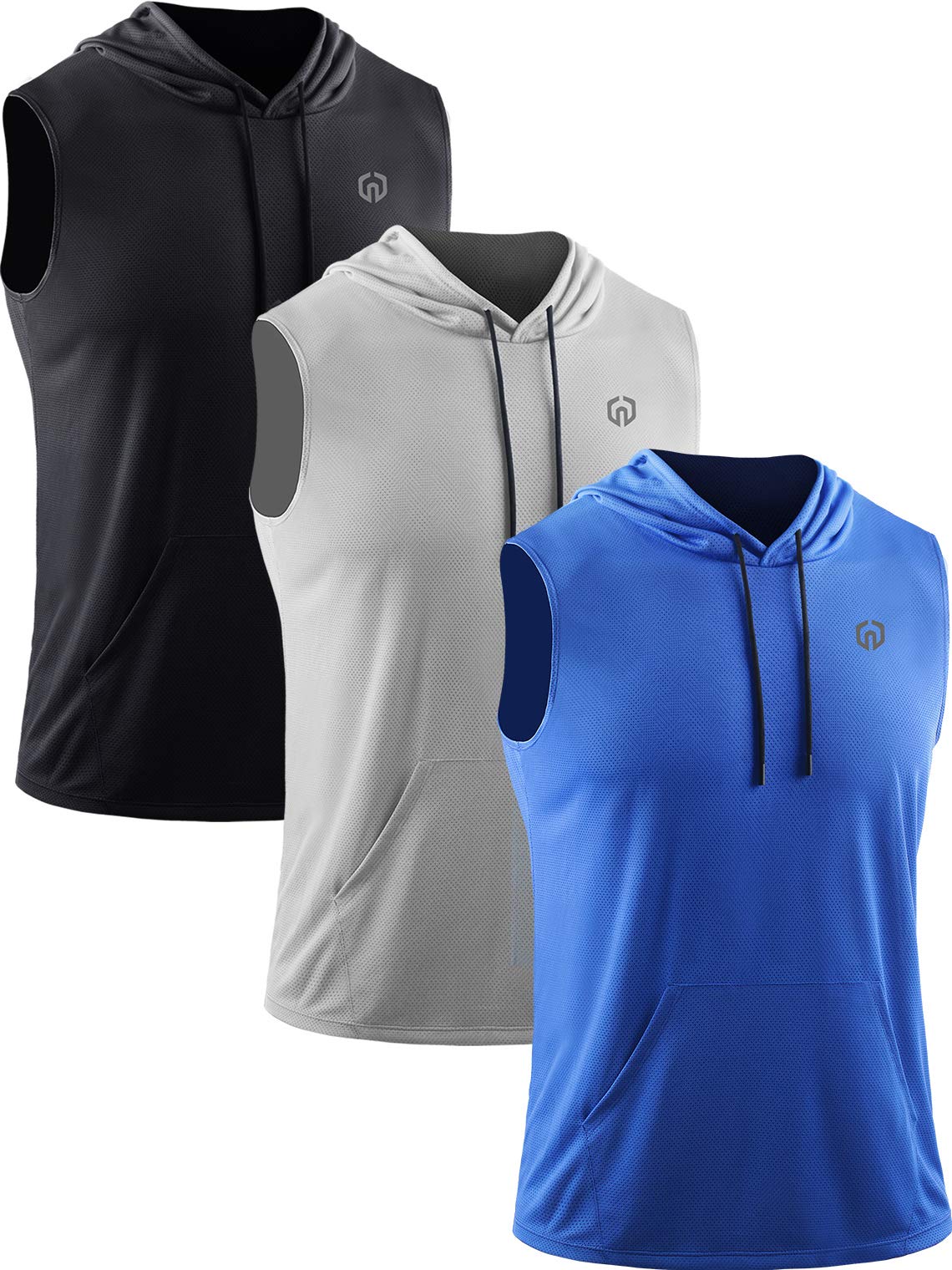 NELEUS Men's Running Tank Tops 3 Pack Sleeveless Workout Athletic Shirts with Hoods and Pockets,5093,Black/Grey/Blue,XL