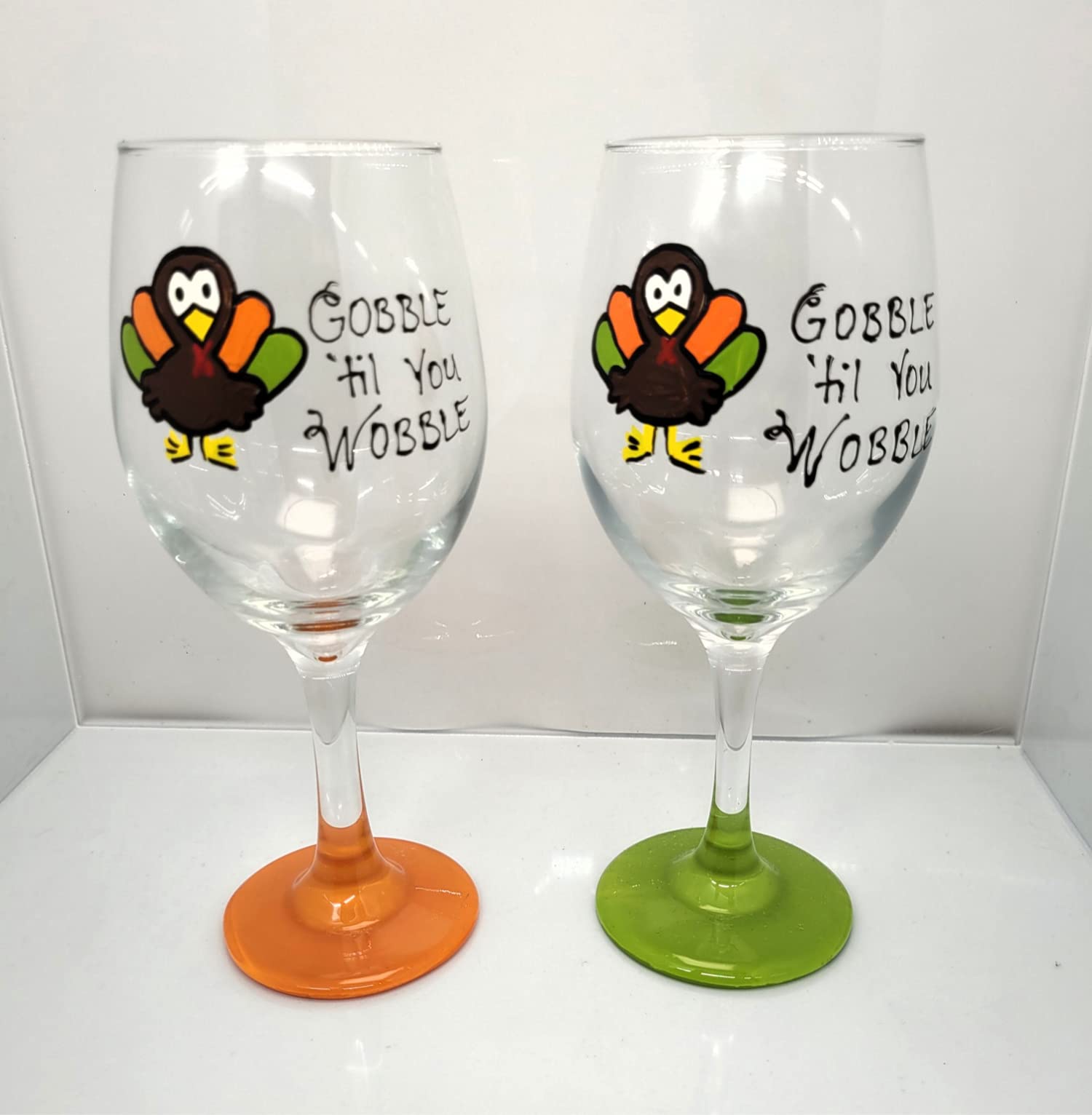 Thanksgiving Turkey Orange Green Gobble Til You Wobble Hand Painted Wine Glasses Set of 2