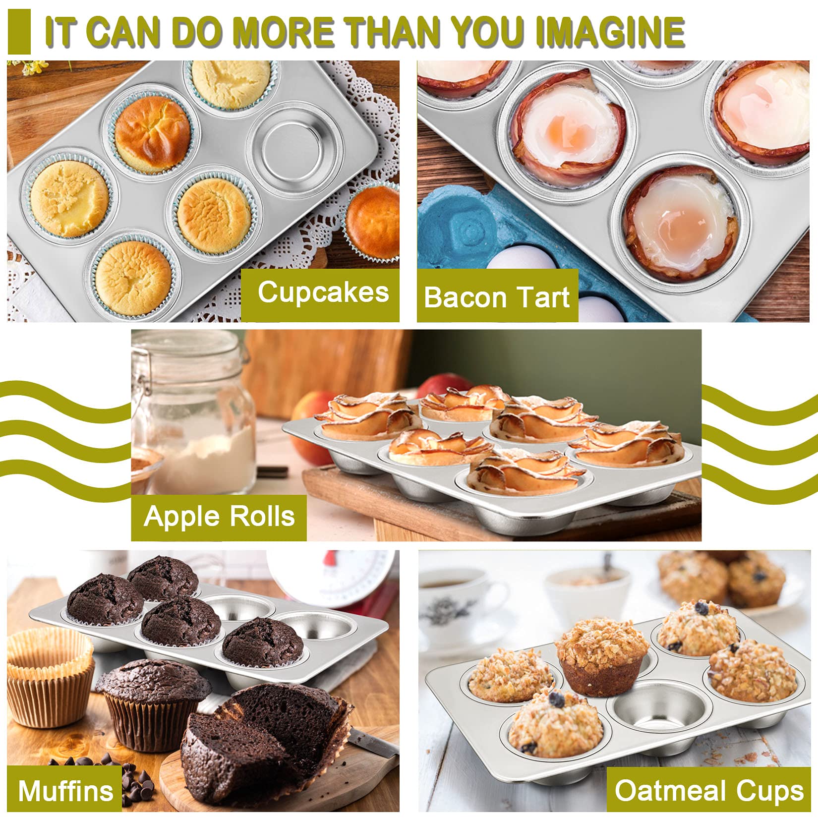 P&P CHEF Muffin Pan Cupcake Pans Set of 2, Stainless Steel Muffin Pans (6-Cups), For Mini Brownie Tart Quiches, Healthy & Durable, Quick Release & Easy Clean, Dishwasher Safe