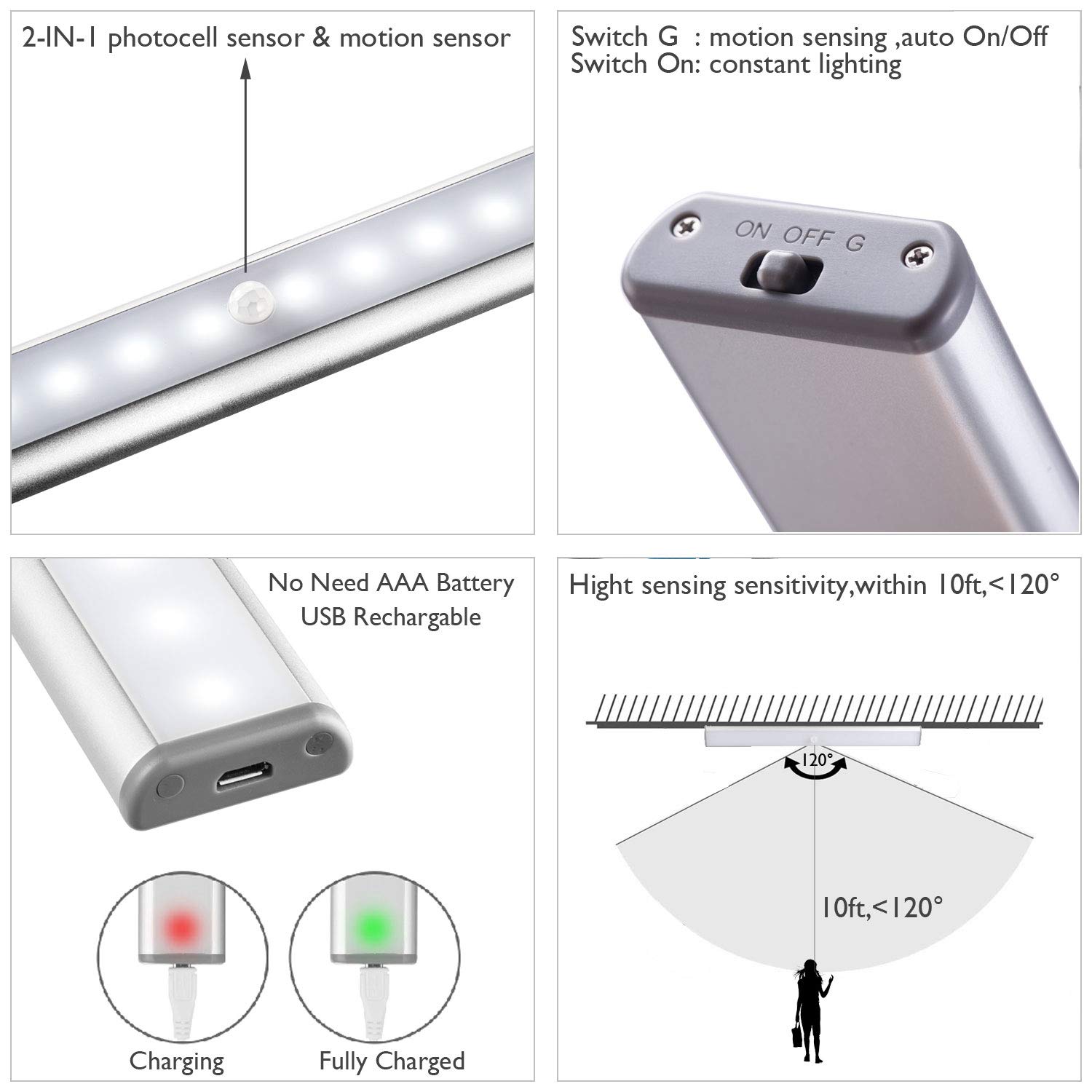 MOSTON Motion Sensor Closet Lights, 3 Pack 20 LED Cordless Under Cabinet Lighting with Built-in Rechargeable Battery, Stick-on Anywhere Magnetic Night Lamp for Cupboard Cabinet Kitchen Stairs