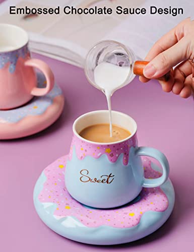 SISETOP Novelty Espresso Cups and Saucers, Ceramic Donut Mug, 9.5oz Creative Cute Cups, Unique Coffee Mug with Spoon for Gift, Kids, Adults, Birthday