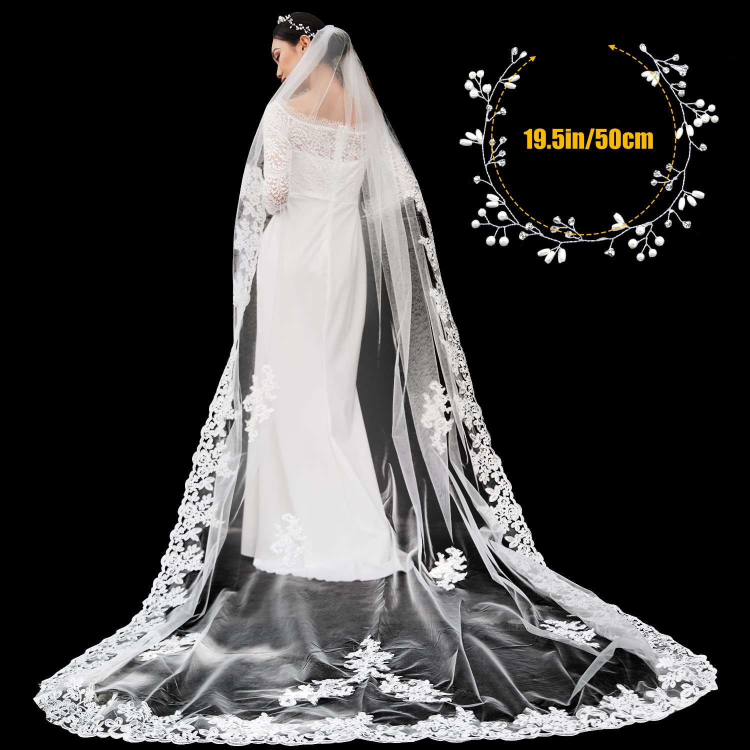 SYZ-inems Wedding Veil and Tiara, Veils for Brides, 1 Tier Lace Cathedral Wedding Veil with Comb (59" W-118 L,White)