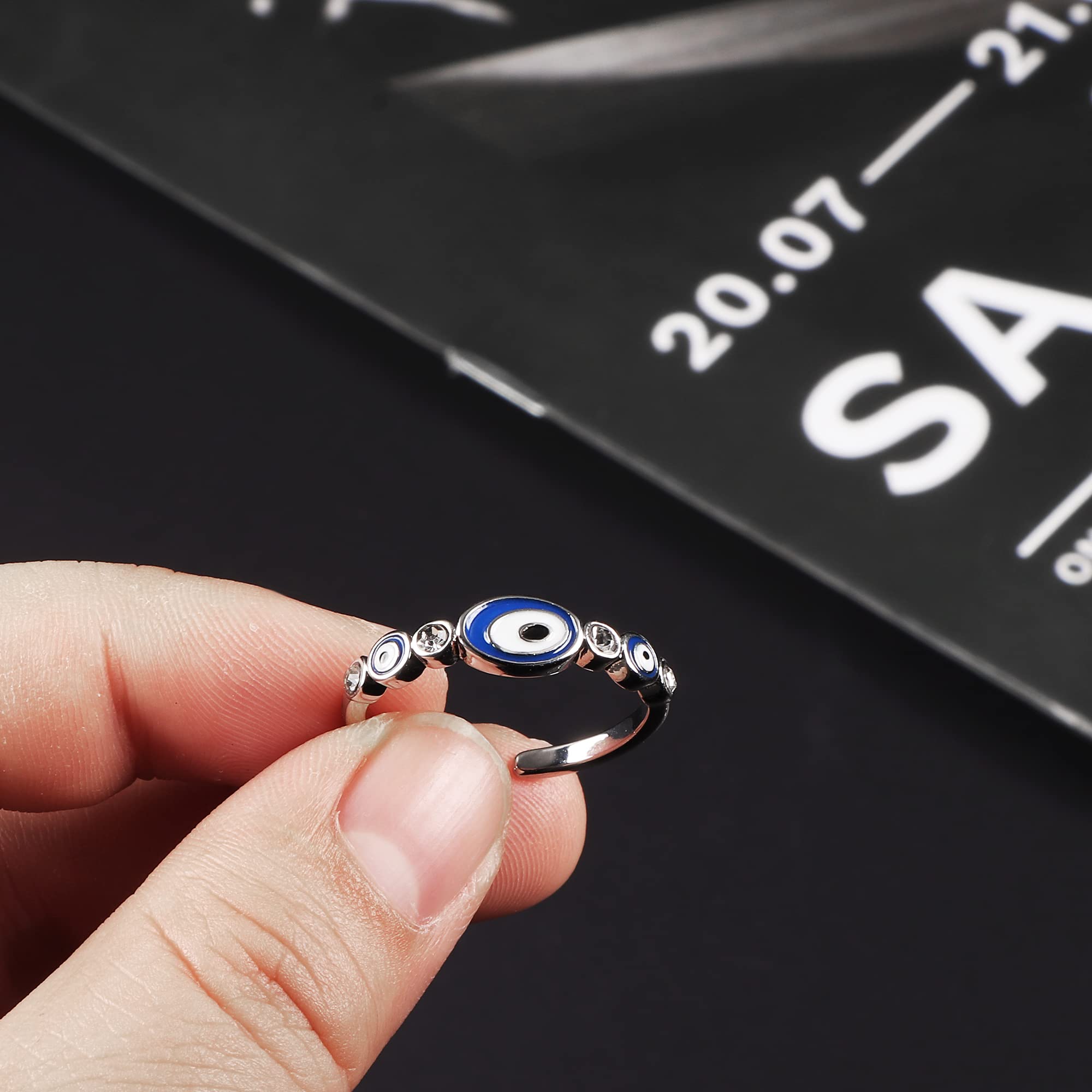 Ubjuliwa 4 Pcs Evil Eye Rings for Women White Gold Plated Eye Ring Set Adjustable Open Ring Silver Dainty Cute Evil Eye Rings Protection Jewelry Gift