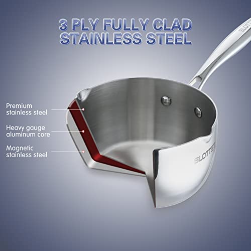 SLOTTET Tri-Ply Whole-Clad Stainless Steel Saucepan with Steamer,2.5 Qt Small Multipurpose Pot with Pour Spout,Strainer Glass Lid, 2 Quart Sauce Pan for Cooking with Stay-cool Handle.