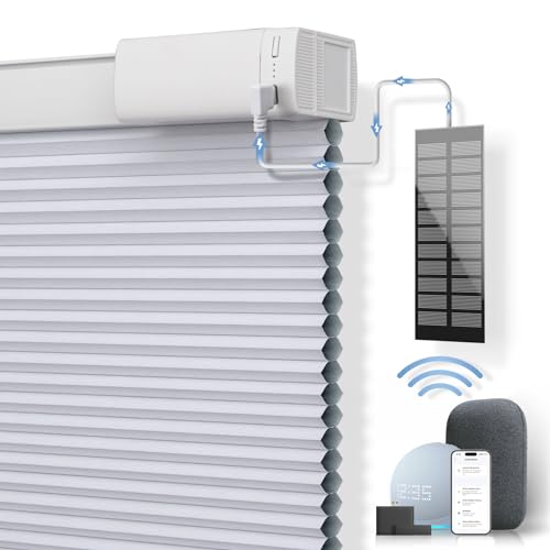 Motorized Cellular Shades with Remote【Free Solar Panel】 100% Blackout Cellular Shades, Smart Honeycomb Shades Cordless Room Darkening Shades, 29" Wx64 H, White