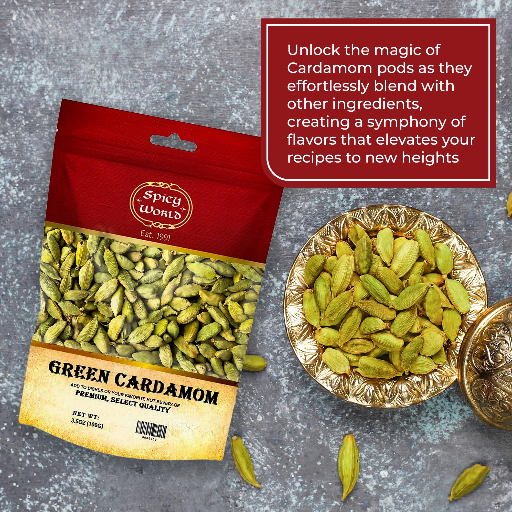 Spicy World Green Cardamom Pods 3.5 Oz - As Seen on Tik Tok - Premium Quality Whole Green Cardamom Pods | Vegan | Large | Aromatic Cardamon