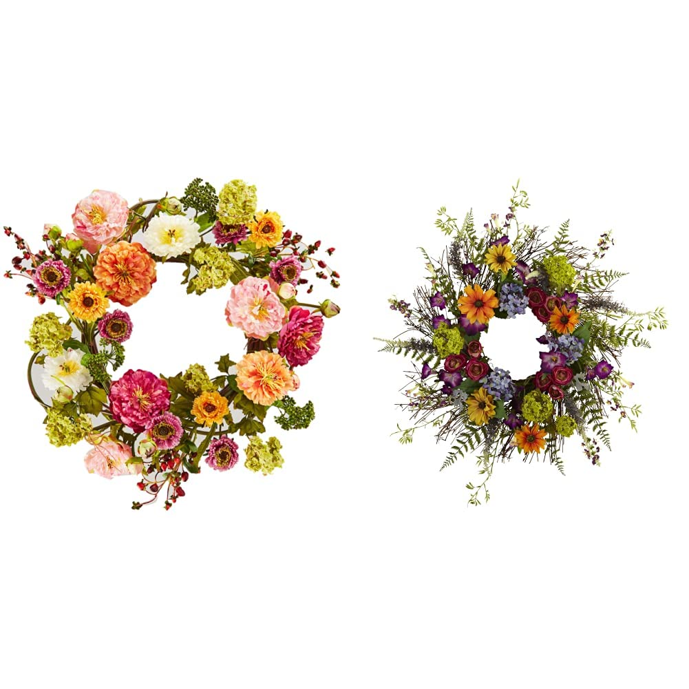 Nearly Natural 24" Peony Wreath (24in) and 24-Inch Spring Garden Wreath