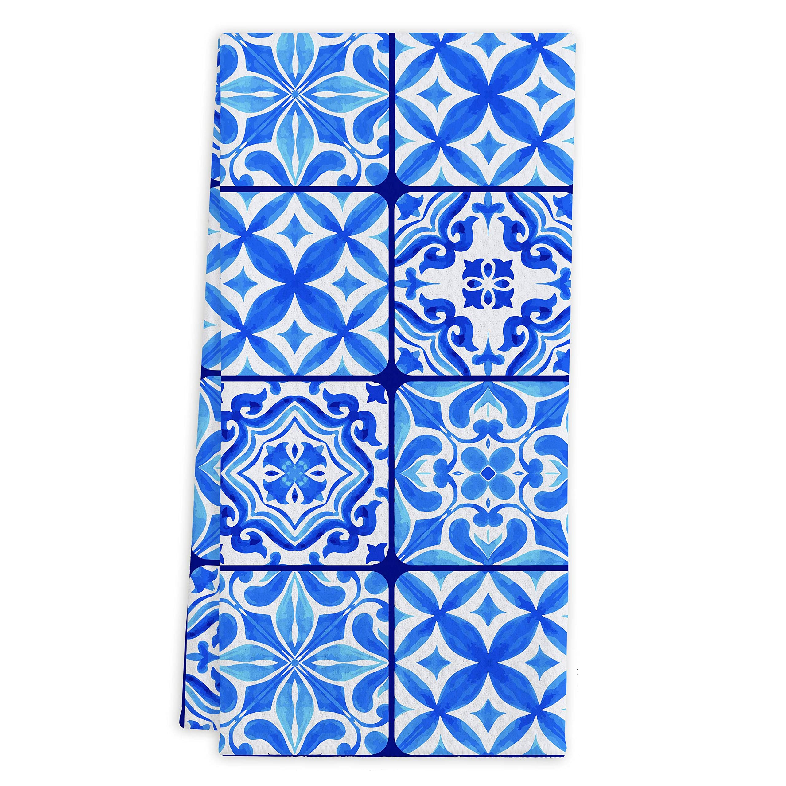 QIYUHOY Abstract Bohemian Navy Blue Moroccan Tile Kitchen Towels or Tea Towels, 16 X 24 Inches Cotton Modern Dish Towels Dishcloths, Dish Cloth Flour Sack Hand Towel for Farmhouse Kitchen Decor