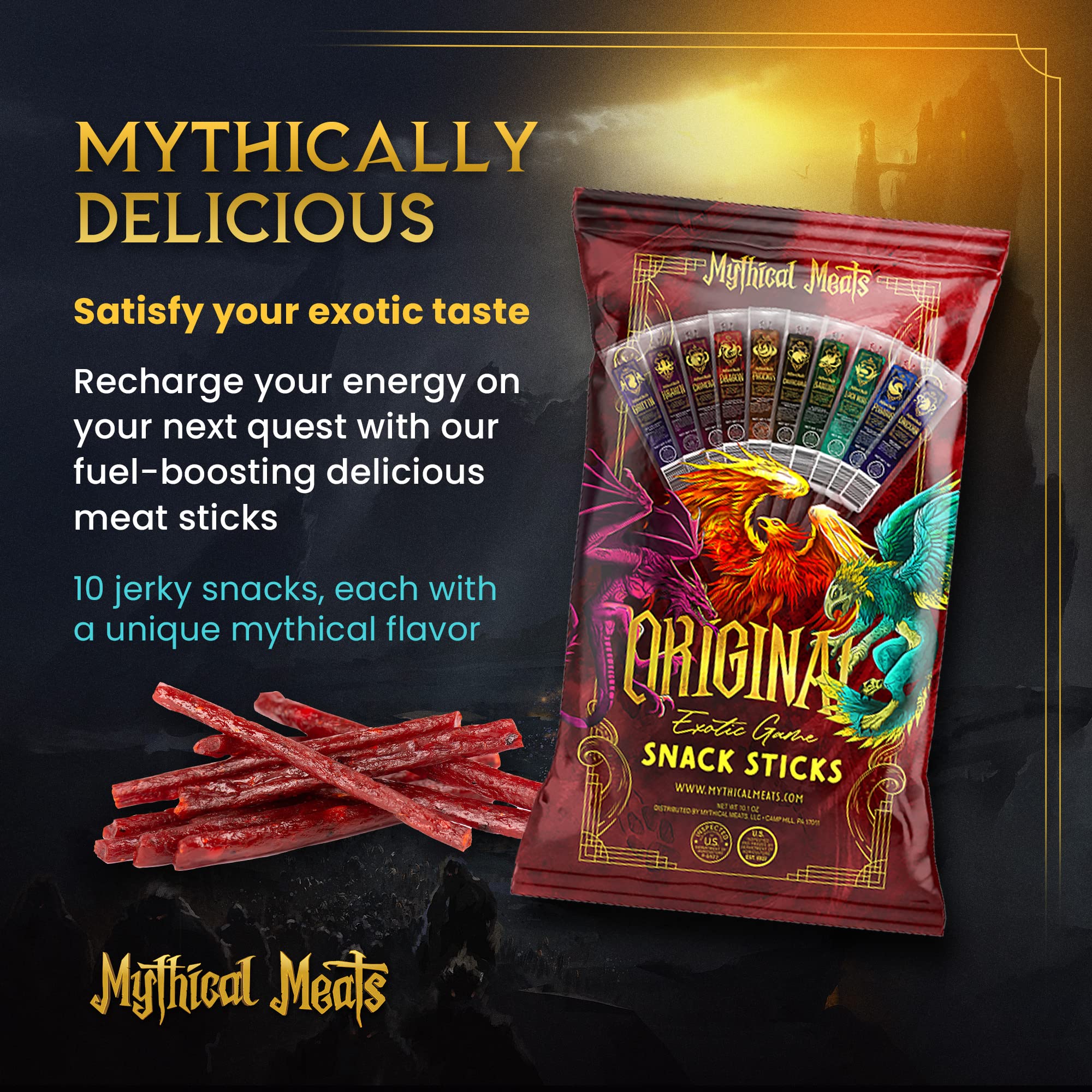 Mythical Meats Original Exotic Flavor Sampler Pack β 10 Exotic Game and Beef Snack Sticks β Dried & Dehydrated Meats Seasoned to Perfection β High Protein Snacks