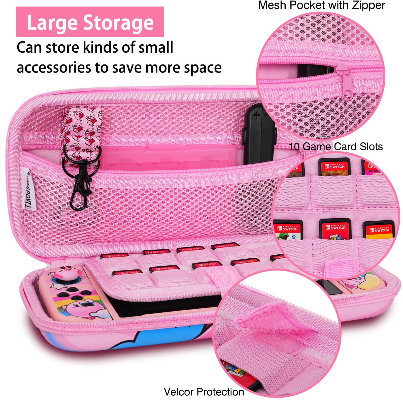 TIKOdirect Carrying Case for Nintendo Switch, Cute Portable Travel Bag in Newest Updated Design of Pink Interior with Soft Protective Case, Screen Protectors and Thumb Grip caps, Kirby