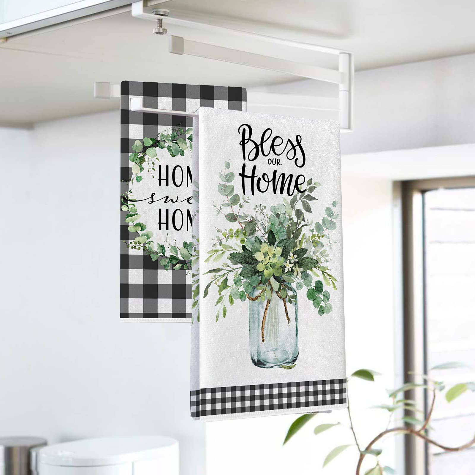 Seliem Summer Eucalyptus Greenery Kitchen Dish Towel Set of 2, Buffalo Plaid Check Absorbent Hand Drying Baking Cooking Cloth, Spring Seasonal Farmhouse Decor Bless Our Sweet Home Decorations 18 x 26