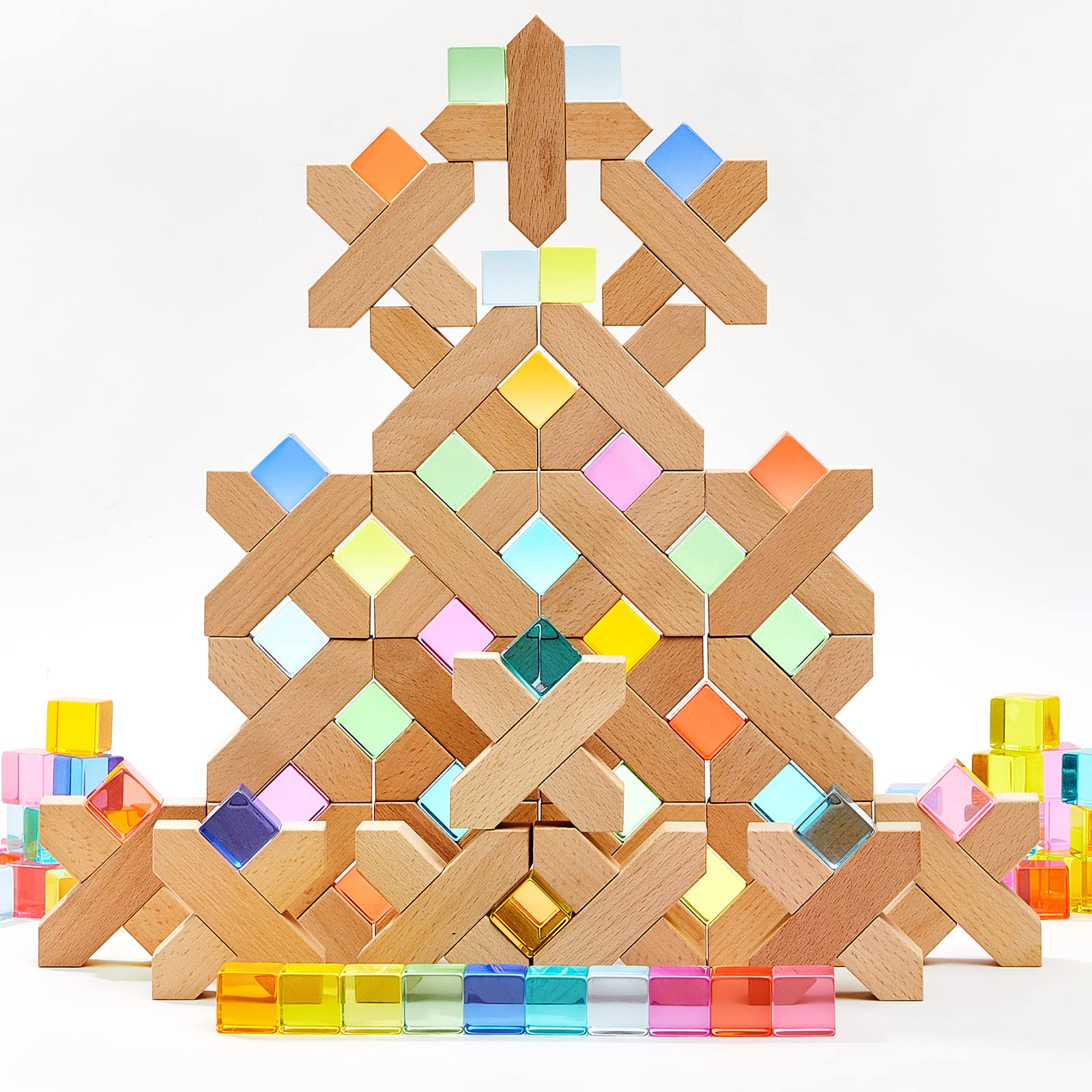 Wood Rainbow Building Blocks Set 60 Pcs Rainbow Acrylic Gem Cubes Blocks 32 Pcs X Shaped Wood Building Blocks Preschool Colorful Learning Educational Rainbow Stacking Toy for toddlers with Storage Box