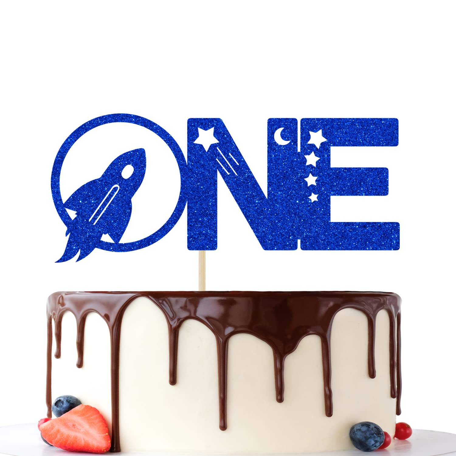 Space Theme Rocket Astronaut One Cake Topper, Boys Girls Happy 1st Birthday Decorations, It's My First Birthday, One Year Old Birthday Party Decorations Blue Glitter