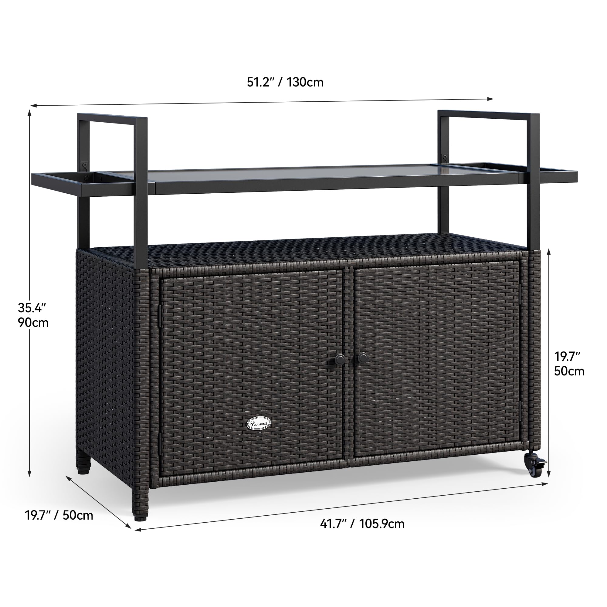 YITAHOME Large Portable Outdoor Wicker Bar Table, Wheels and Black Glass Table Top for Patio Kitchen and Bar Cart (Dark Brown)
