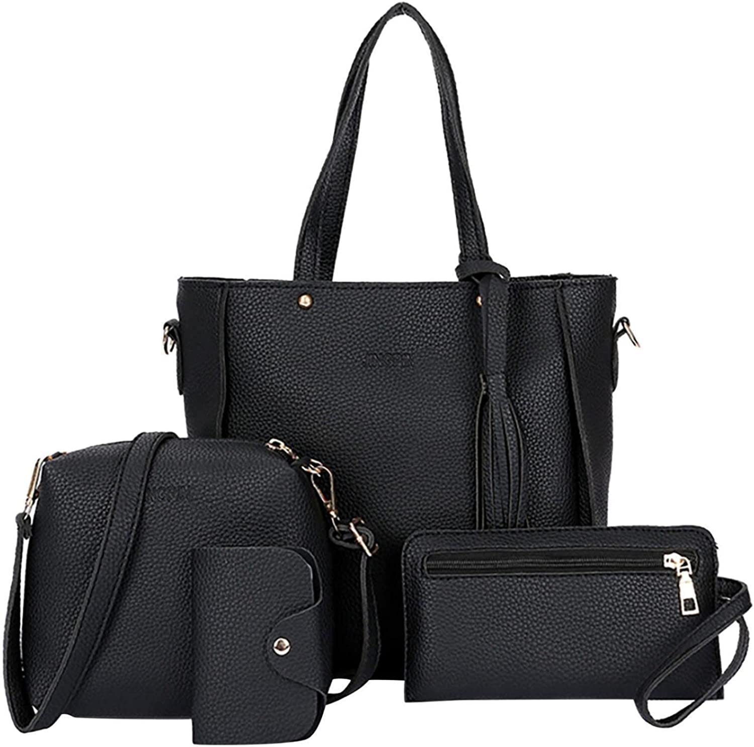 Simple Everything handbag Fashion upgrade Handbag purse Tote shoulder bag, satchel purse set 4 PCS (Black)