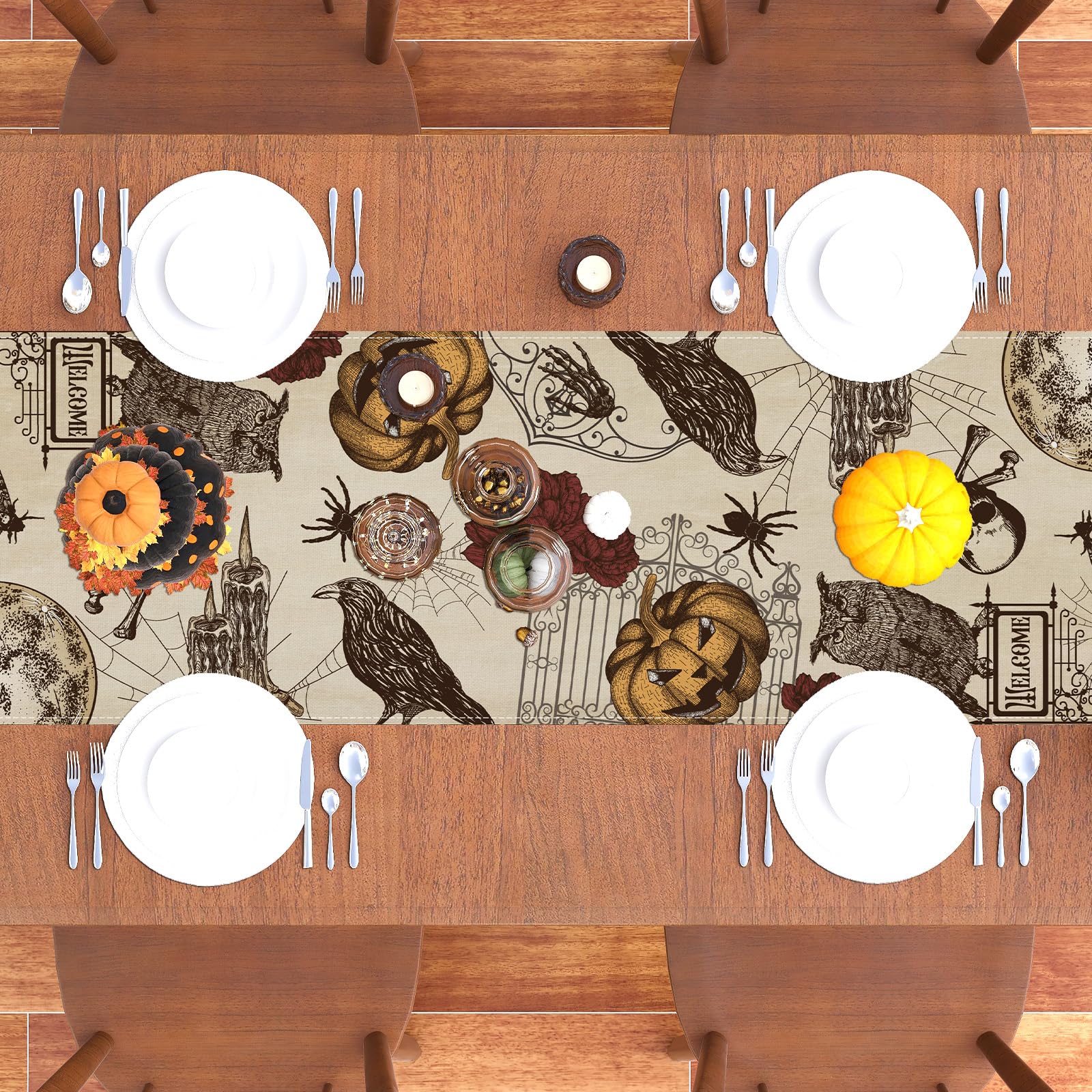 Rvsticty Linen Retro Halloween Table Runner Halloween Gothic Skull Tablecloth Day of The Dead Roses Skull Decor Halloween Decorations and Supplies for Home Kitchen Table-13Γ72ββ
