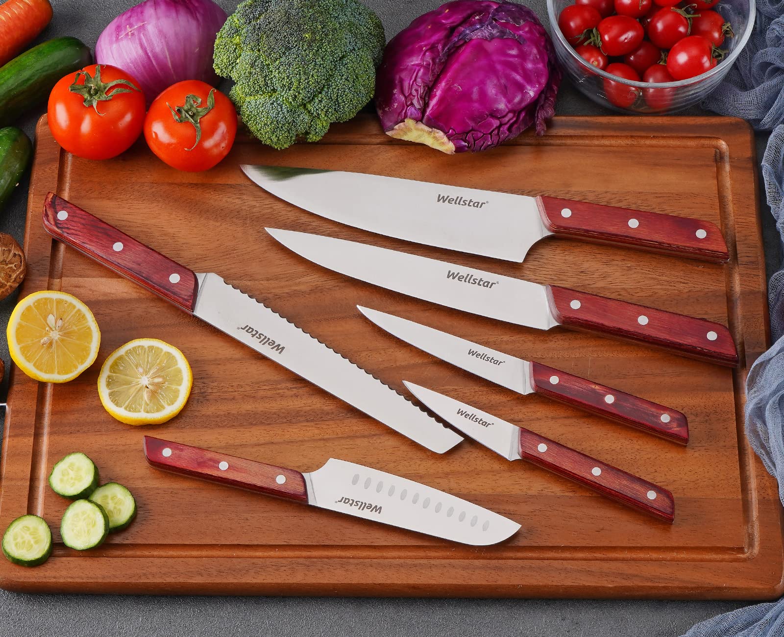 WELLSTAR Kitchen Knife Set 6 Piece, Ultra Sharp Japanese Stainless Steel Blade with Full Tang Pakkawood Handle, Chef Slicer Bread Santoku Utility & Paring for Cutting Chopping Slicing and Dicing