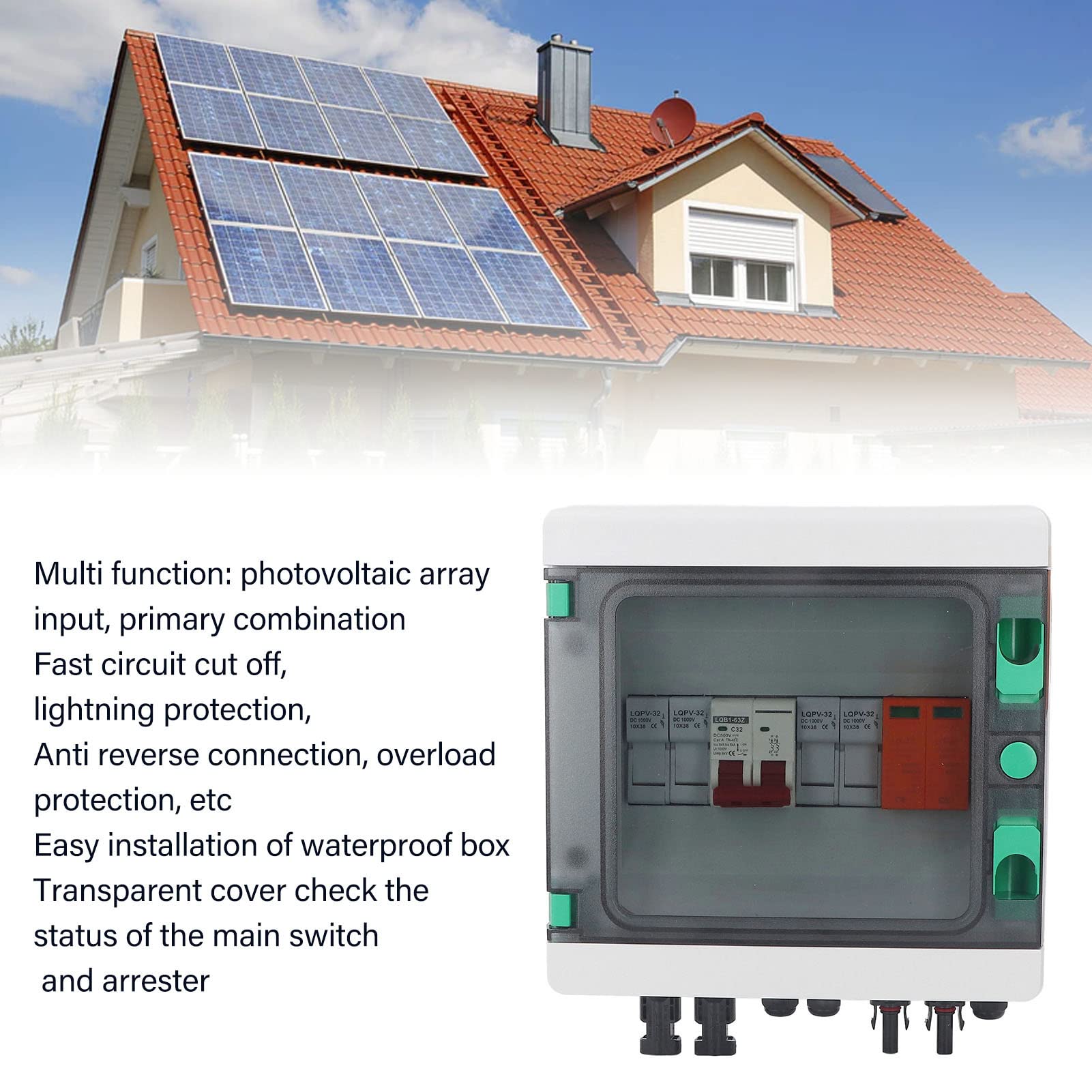 PV Combiner Box, DC500V 2 String Solar PV Combiner Box Waterproof Overload Protection with 15A Fuse for RV