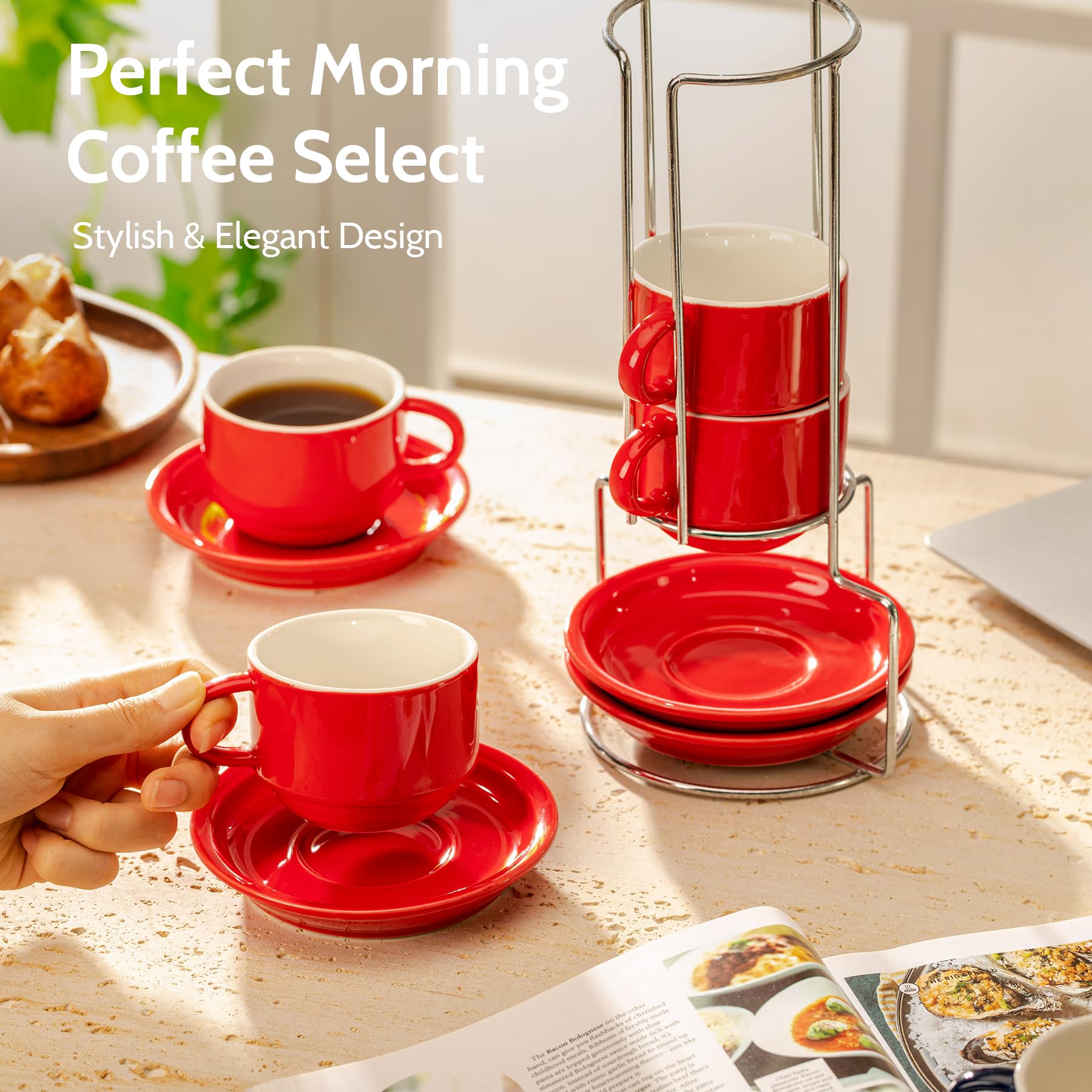 Sweese 8 Ounce Porcelain Stackable Cappuccino Cups with Saucers and Metal Stand - for Specialty Coffee Drinks, Cappuccino, Latte, Americano and Tea - Set of 4, Red