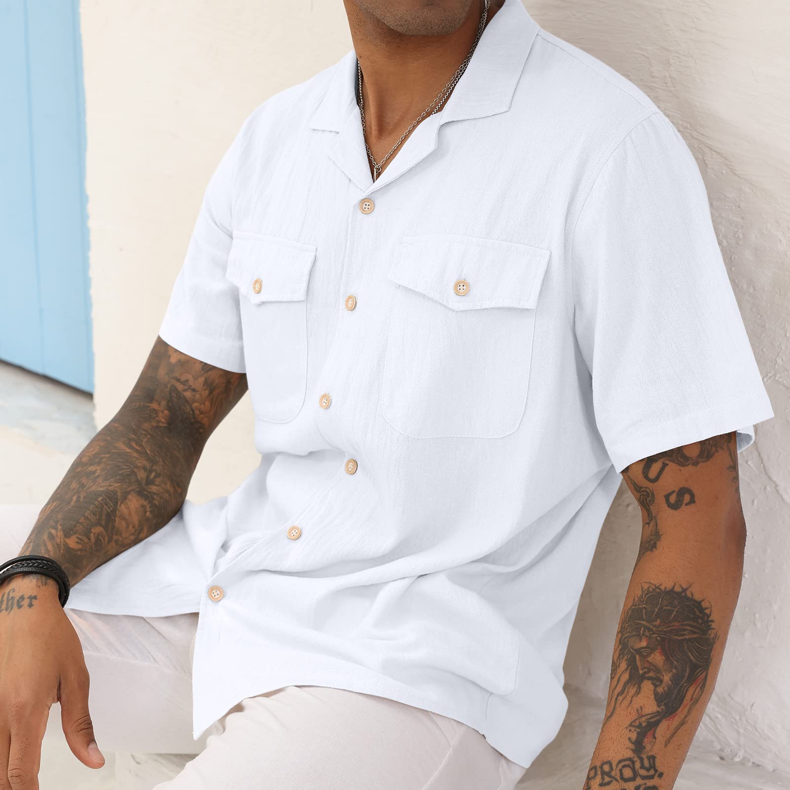 Men's Cuban Guayabera Linen Shirts Casual Short Sleeve Button Down Shirts Summer Beach Top with Pocket WHITE M