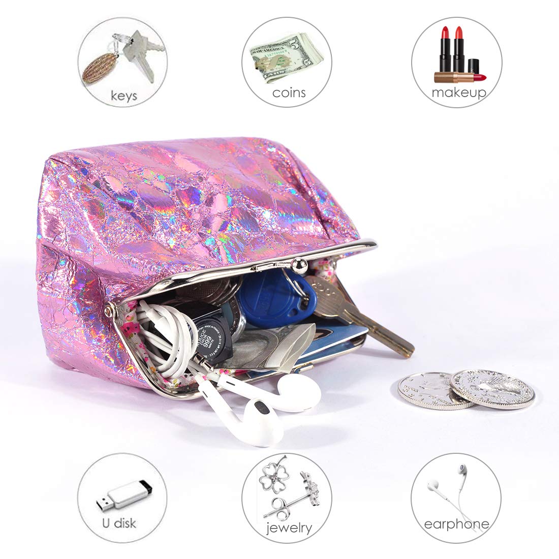 Oyachic 2 PCS Pretty Coin Purse,Cute Hologram Change Purse,Small Leather Wallet with Clasp Pouch for Woman Girls