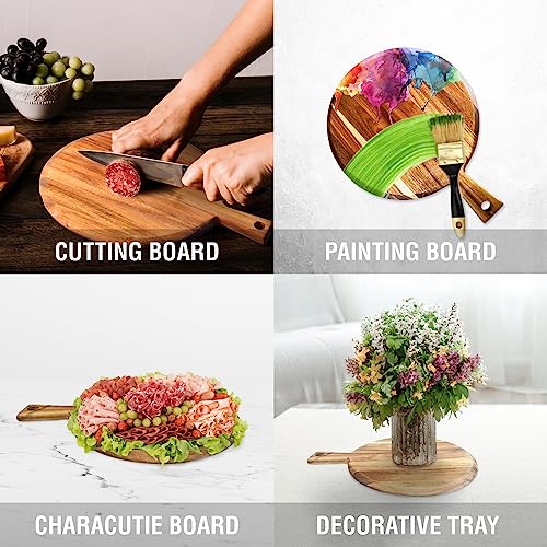 Vees Goods Acacia Wood Cutting Board with Handle - Kitchen Round Cutting Board Set includes Glove and Towel - Great Use for Pizza, Charcuterie, Chopping Board - Size (15.9β x 12.2β)