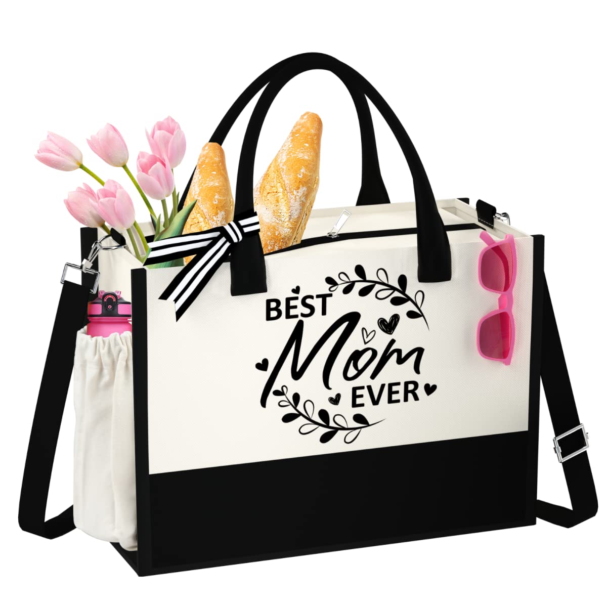 QLOVEA Mothers Day Gifts, Best Mom Ever Gift from Daughter Son Kids, Personalized Canvas Mom Tote for Mom Birthday Gifts, Christmas, Mom to Be, New Mom, Hospital, Stepmother, Ideal for Beach, Travel