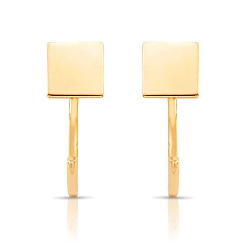 Simple Square Mini Slip On Huggie Cuff - Solid 14K Yellow Gold Earrings - Dainty Ear Cuff 11 mm bar