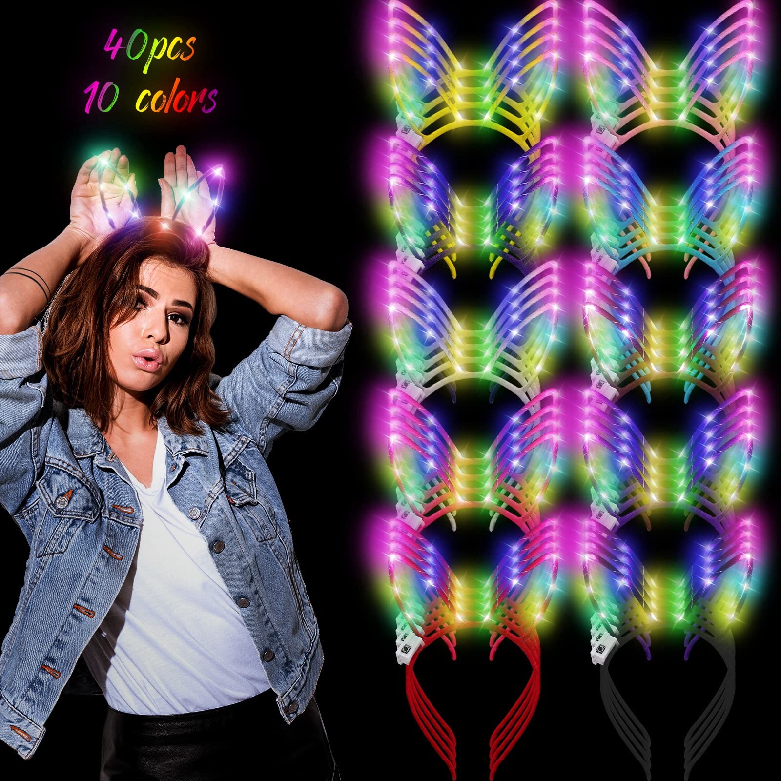 WILLBOND 40 Pcs Light up LED Bunny Ears Headband Glow Hair Accessories for Women Costume Party Supply, 10 Colors