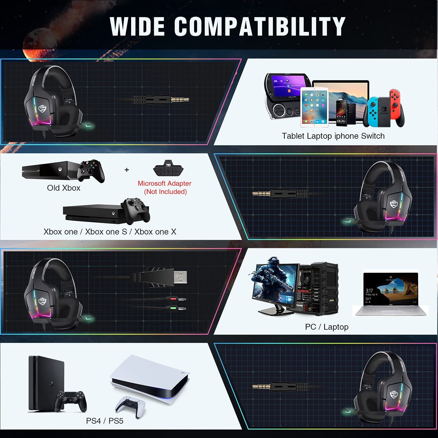 Soulbytes PS4 Gaming Headset for Xbox One PS5 Switch PC Headphone with Microphone Dynamic RGB LED Effect Gamer Headsets for Computer Laptop 3.5mm Wired Stereo Bass Over Ear with Mic
