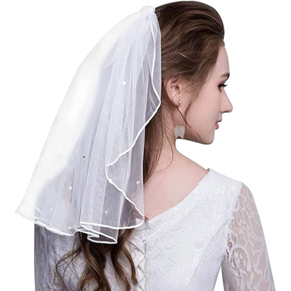 Sekhluno Bridal Veil, 1 Tier Rhinestone Wedding Veil with Comb Women's Short Veils (White)