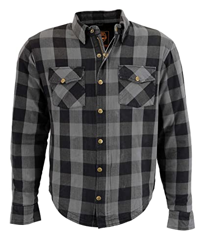 Milwaukee Leather MPM1630 Men's Plaid Flannel Biker Shirt with CE Approved Armor - Reinforced w/Aramid Fibers - Large Grey