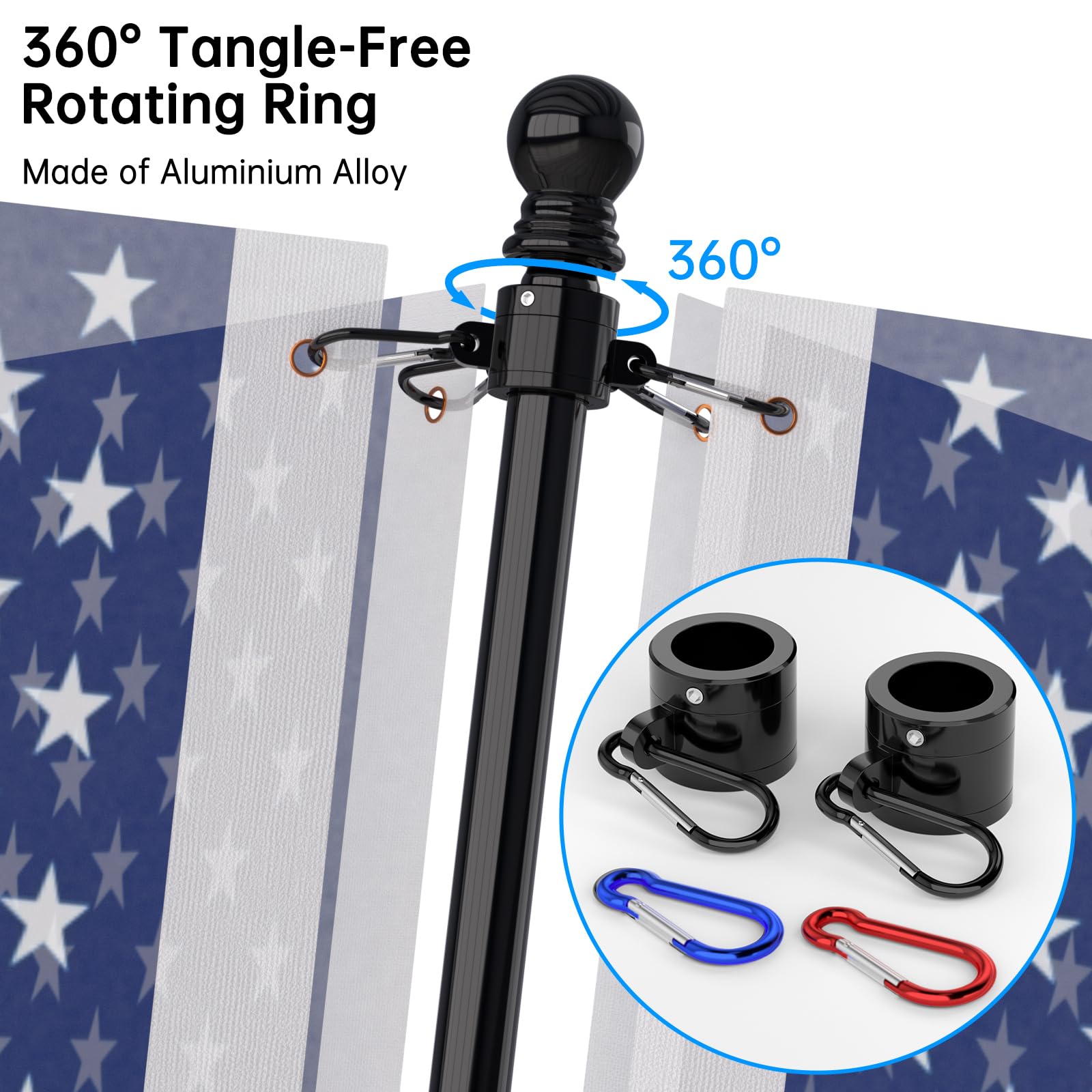 ZMTECH Flag Pole - Upgraded Bracket, 6 FT Stainless Steel Flag Poles for Outside House, Residential or Commerical, Tangle Free Flag Pole Kit for American Flag (Without Flag, Black)