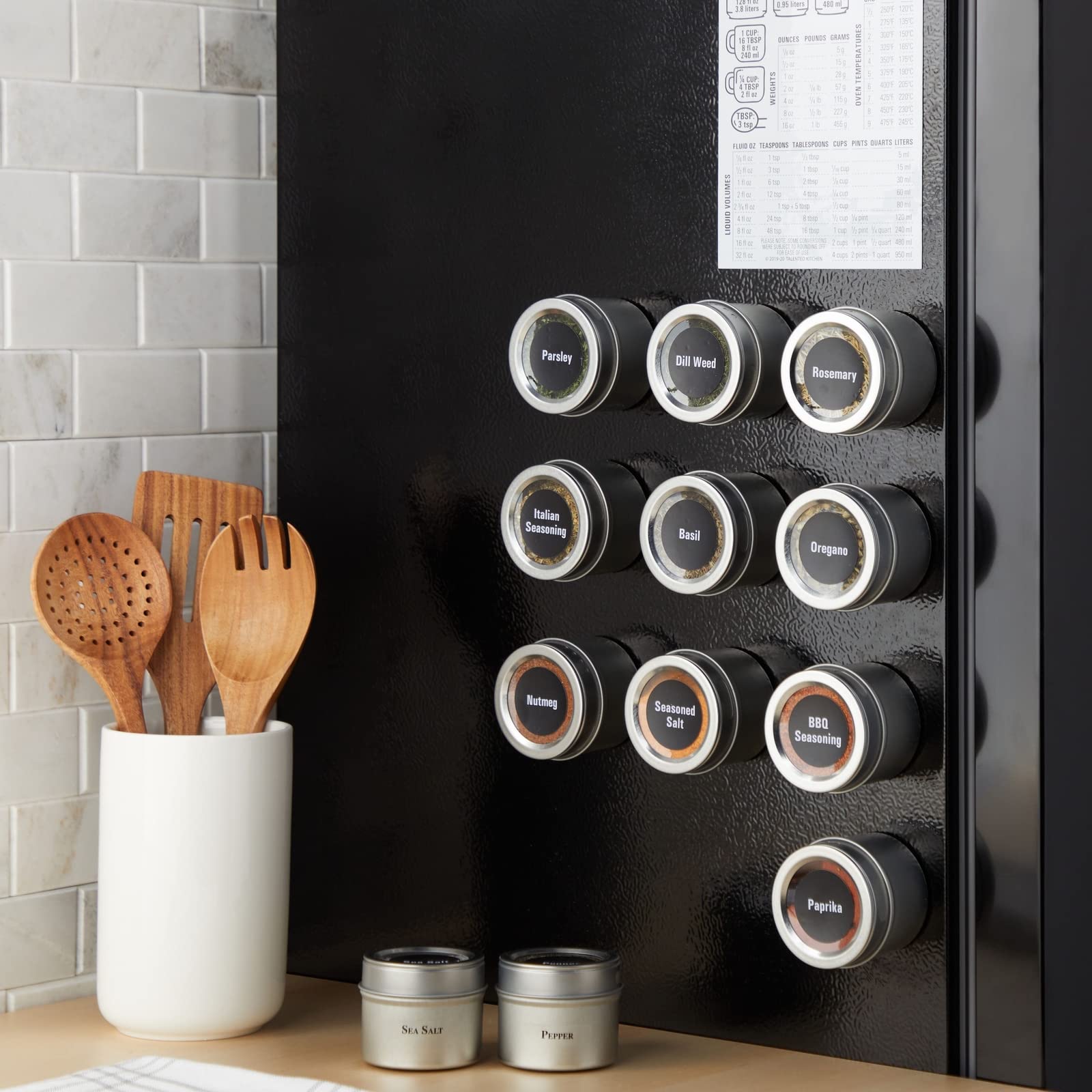 Talented Kitchen 12 Magnetic Spice Jars for Refrigerator with 3 Metal Wall Bases, 269 Preprinted Seasoning Labels, 2 Styles, 1 Cooking Conversion Chart, for 3 oz Containers
