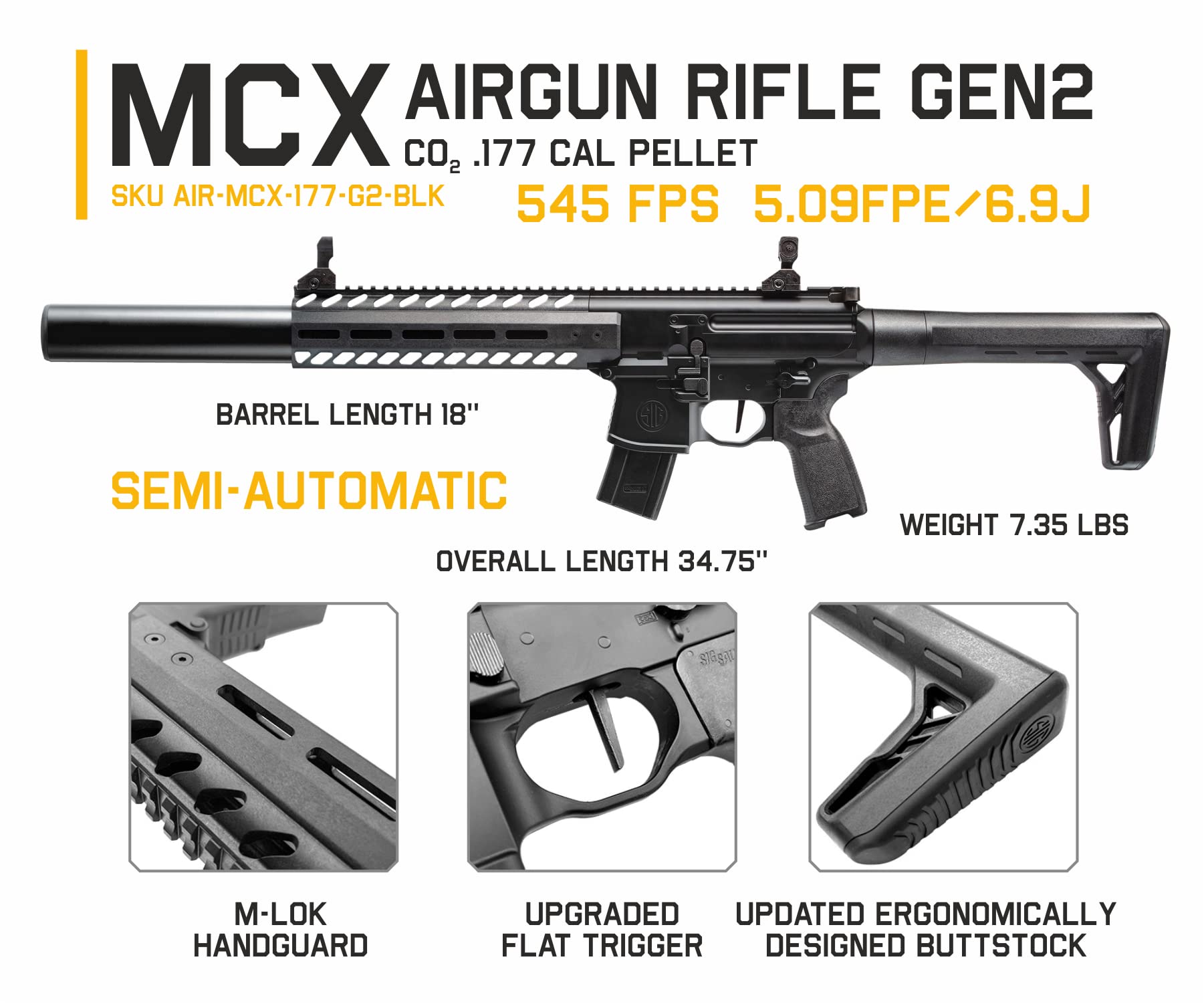 Sіg Sаuеr MCX Air Rifle, MCX GEN 2, .177 Caliber Pellet, 30 Round, Semi-Automatic Black with Wearable4U 2x90gr CO2 Tanks and Pack of 500 Airgun Pellets Bundle