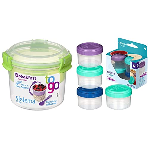 Sistema To Go Collection 1.18 Oz. Salad Dressing Containers, Pink/Green/Blue/Purple, 4 Pack & To Go Collection Breakfast Bowl Food Storage Container, 17.9 oz./0.5 L, Color Received May Vary