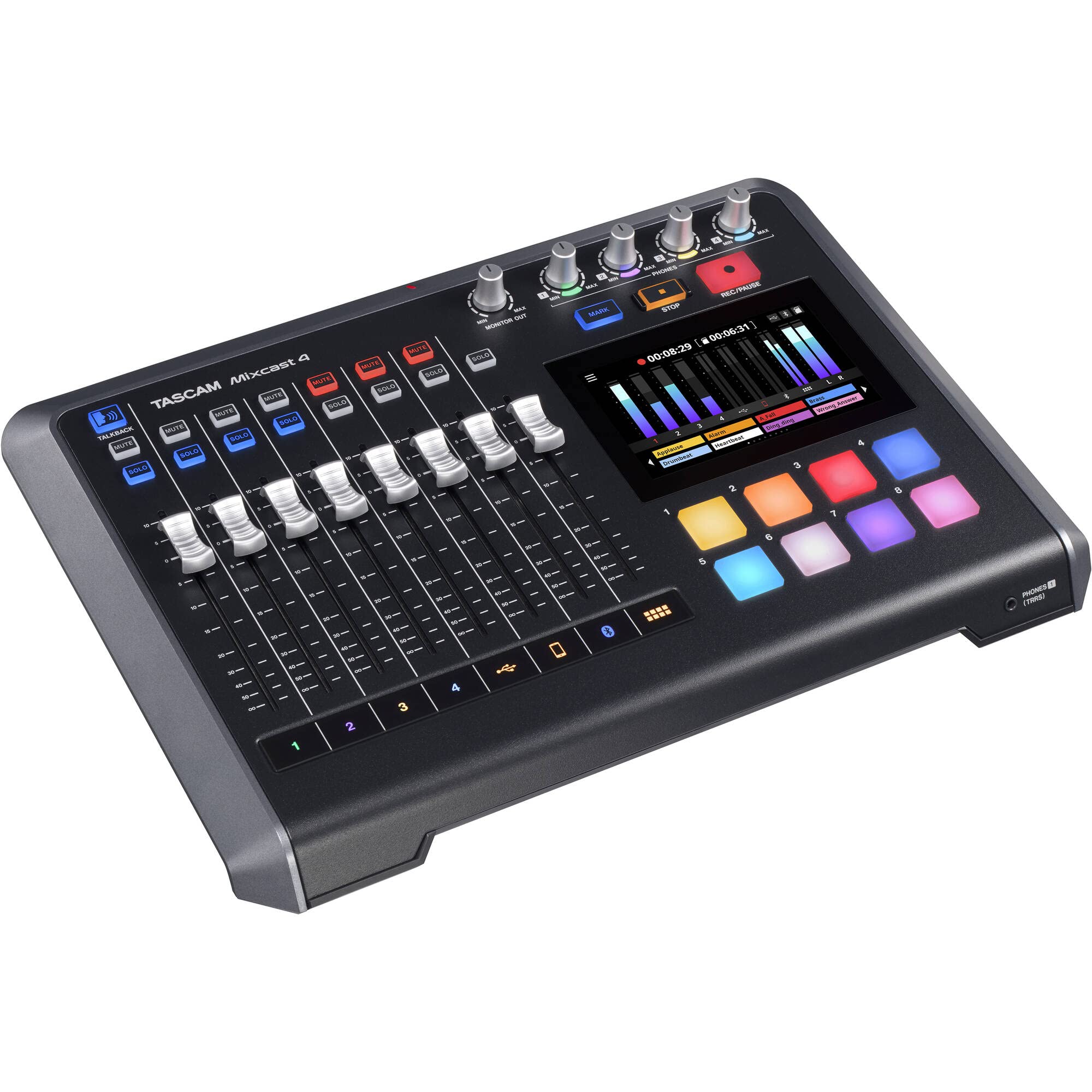 Tascam Mixcast 4 Podcast Mixer Built-in Recorder/USB Audio Interface Bundle with Tascam TH-02 Headphones, 64GB SDXC Memory, 2x 10-Foot TRS Cable, 2x 10-Foot XLR Cable, 4x Cable Tie, Microfiber Cloth