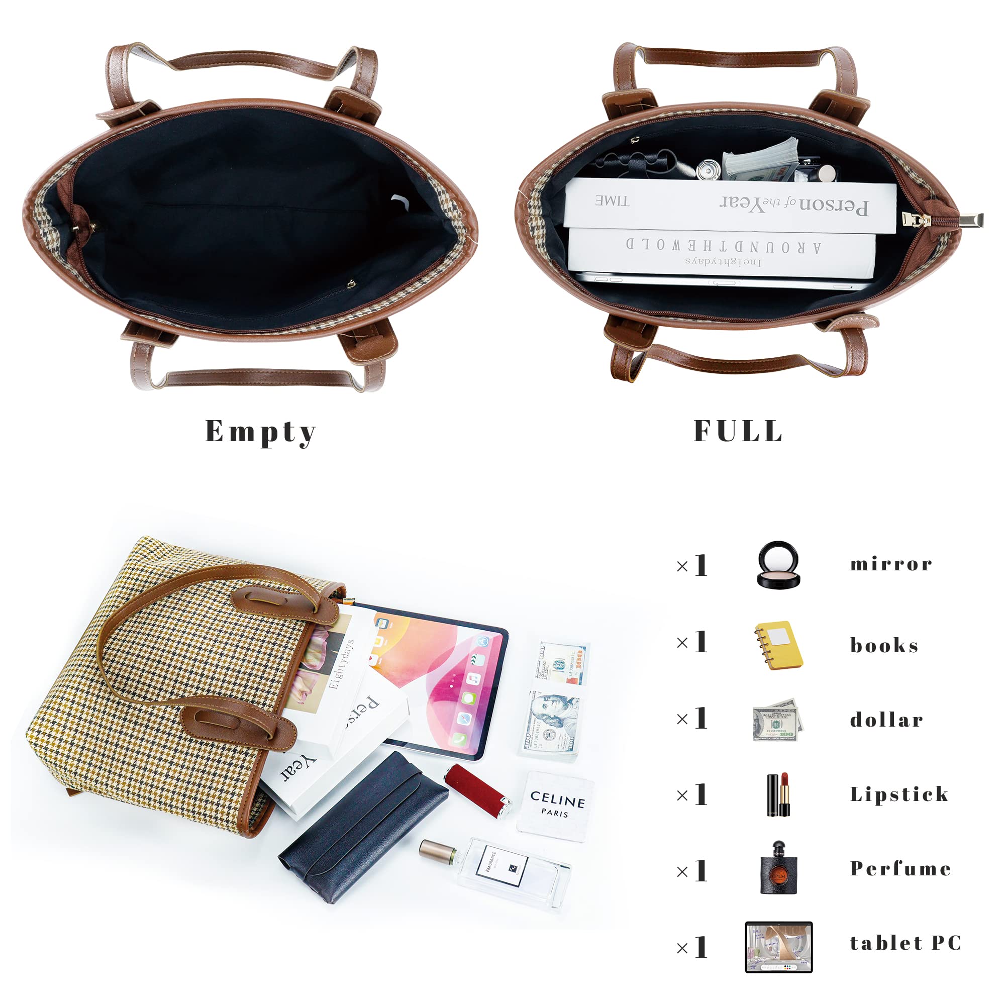 Whale Power Tote Bag for Women Houndstooth Shoulder Handbags Medium Size Purses with Zipper Brown