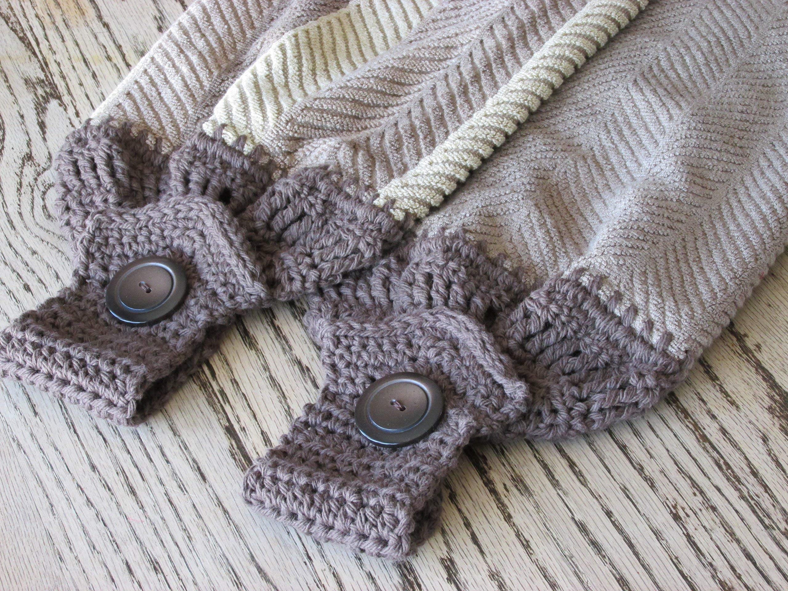Set of 2 Brown & Tan Doubled Chevron Design Hanging Kitchen Towels with Brown Cotton Crochet Top - Best Quality