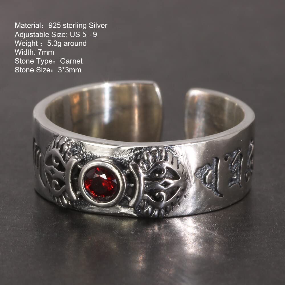 Pure Silver Ring, Buddhism six true word ,Sterling Silver 925 , Natural Garnet Gemstone, Adjustable open ring, Retro Folk style, unisex ring