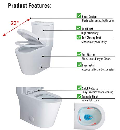 WinZo WZ5089 Compact Round One Piece Toilet 23" Depth,Dual Flush For Small Modern Bathroom 12" Rough-in White