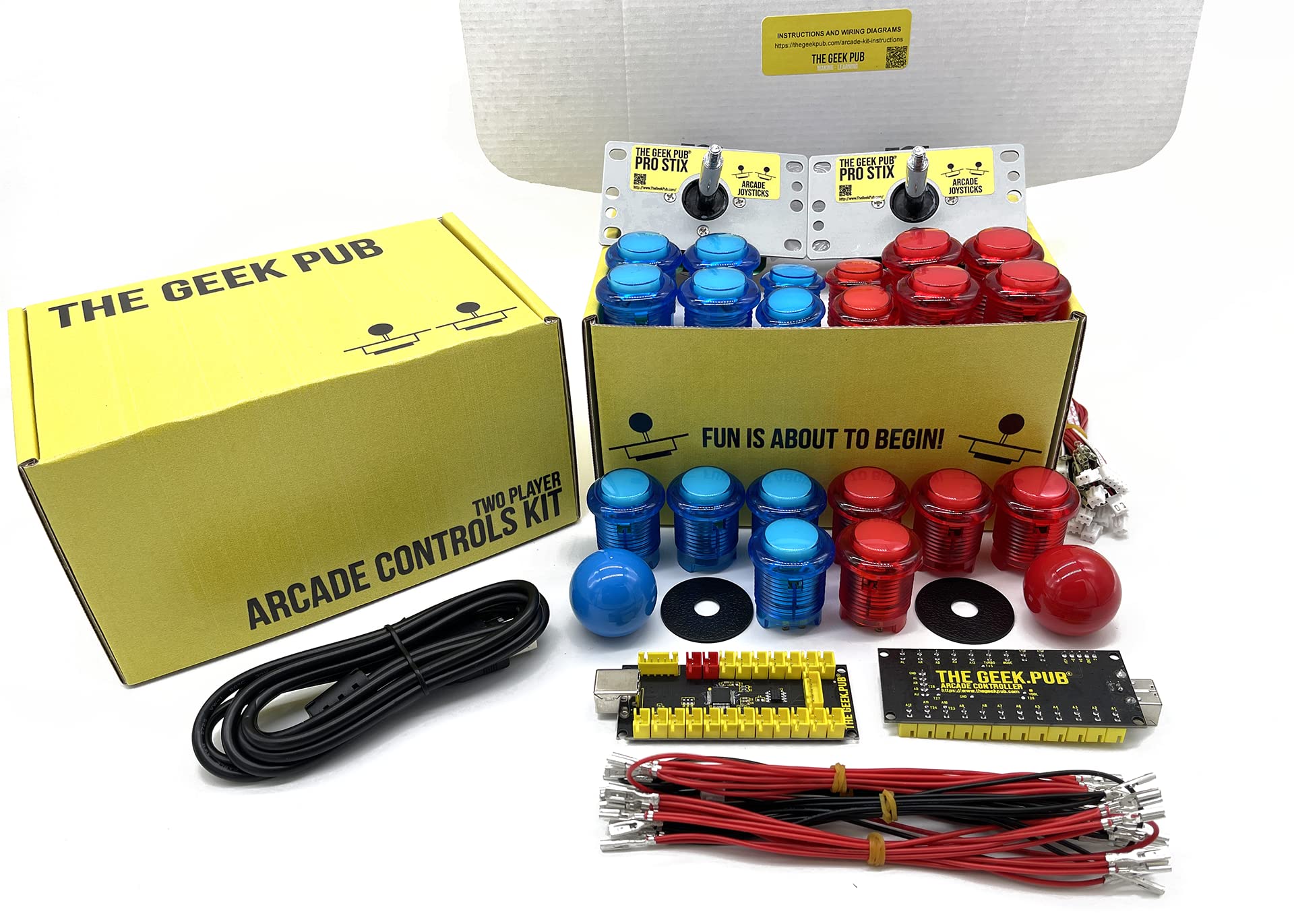 The Geek Pub Blue/RED Arcade Joysticks and Buttons Kit | DIY Arcade Cabinet Kit | for USB MAME PC | for Raspberry Pi RetroPie | LED Backlit Buttons | USB Encoder