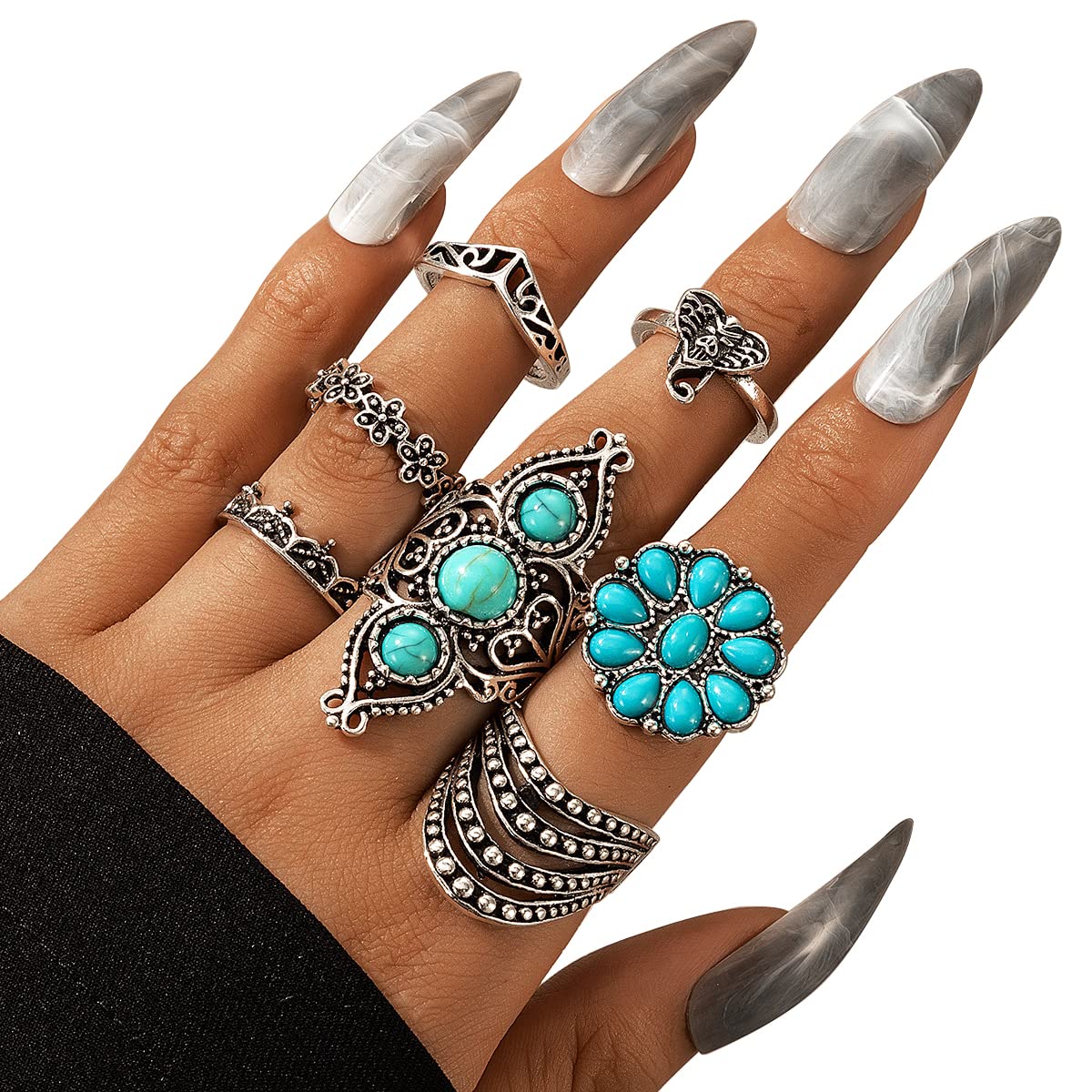 Vintage Turquoise Rings Set Women Western Rings Bohemian Silver Oval Gemstone Rings Boho Joint Knuckle Rings Midi Stacking Rings for Women