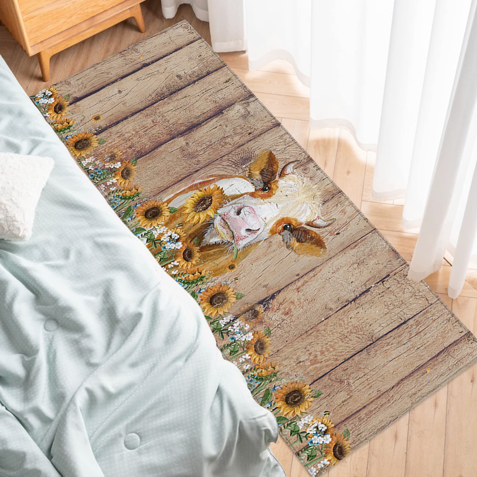 Set of 2 Non-Slip Kitchen Mat 2 Piece Sunflower Cow Comfort Standing Kitchen Mat Waterproof and Oil Proof Farmhouse Animals Cute Rustic Wood