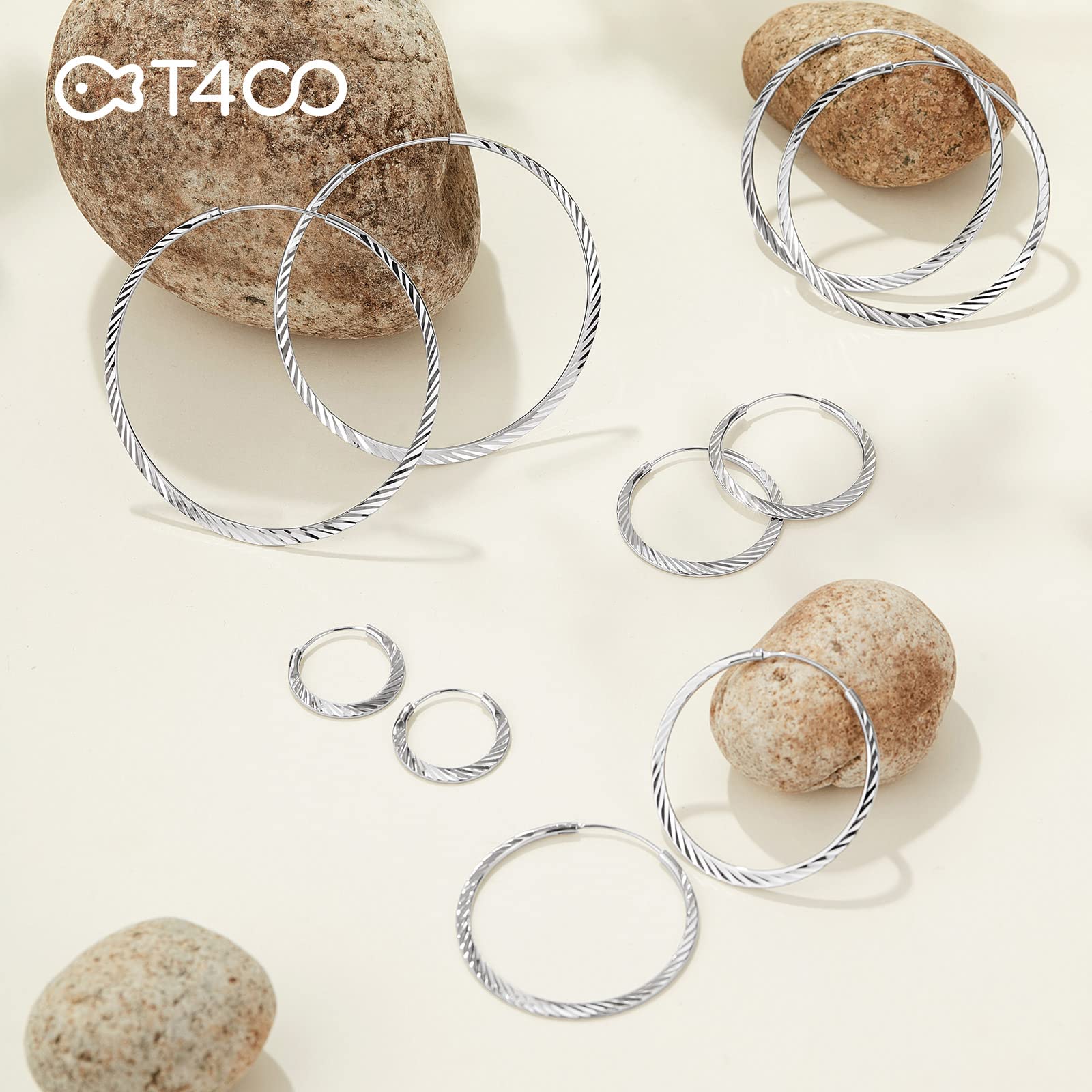 T400 Sterling Silver Hoop Earrings for Women Wide Flat Textured Round Medium Hoops (Diameter 40mm)