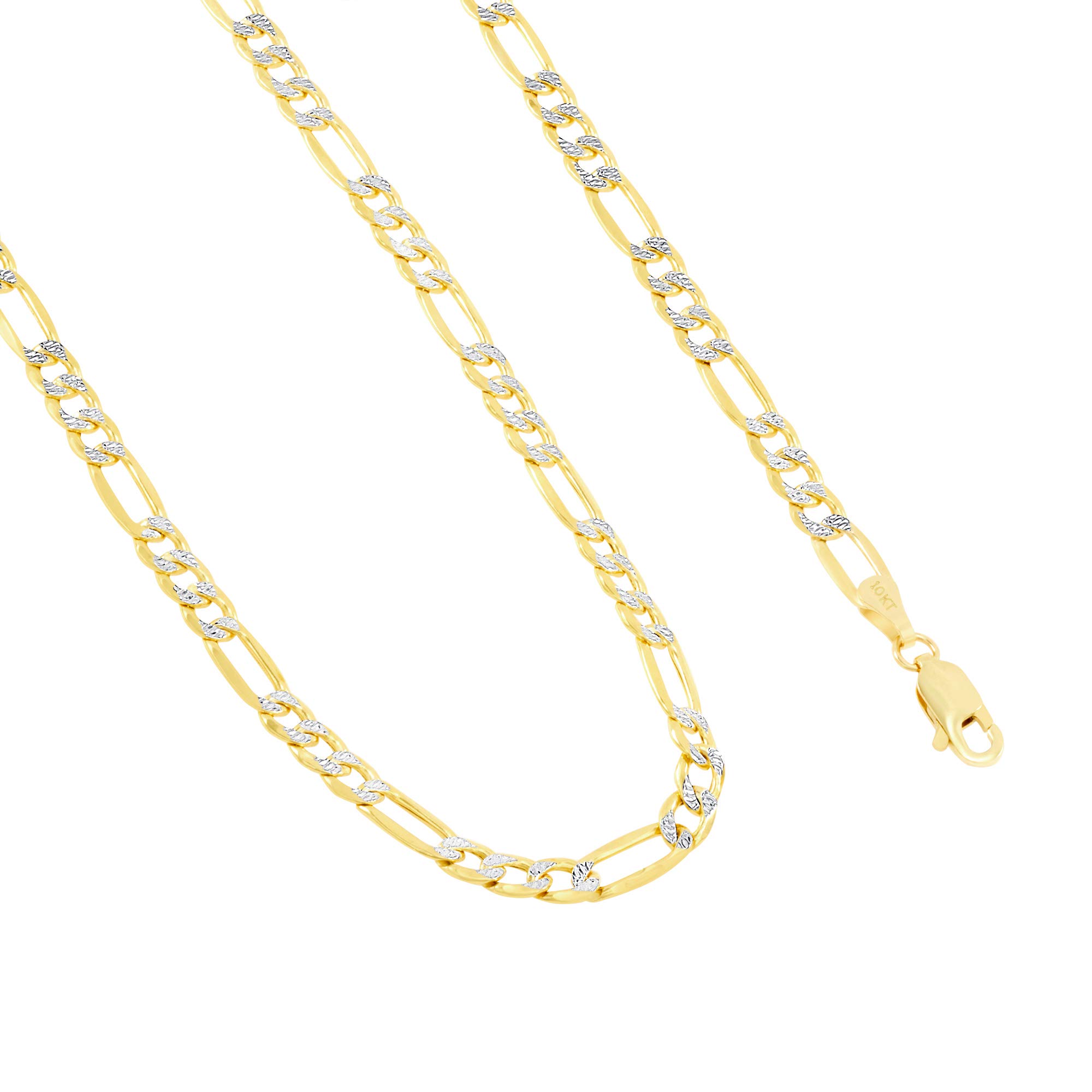 Nuragold 10k Yellow Gold Solid 5mm Figaro Chain Link Diamond Cut Pave Two Tone Bracelet, Mens Womens Jewelry 7" 7.5" 8" 8.5" 9"