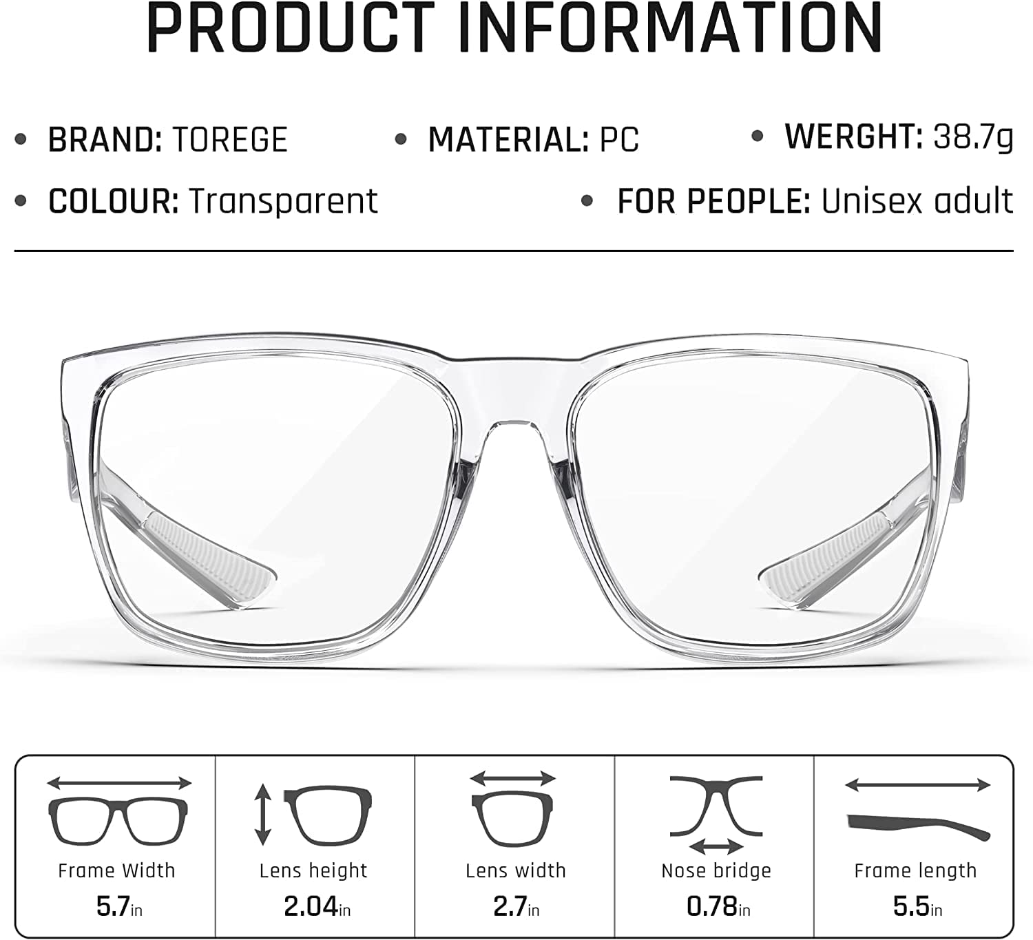 WOOLIKE Safety Glasses Anti Fog Square Clear Safety Goggles Scratch Resistant with Blue Light Blocking Glasses for Women Men (Transparent black frame)