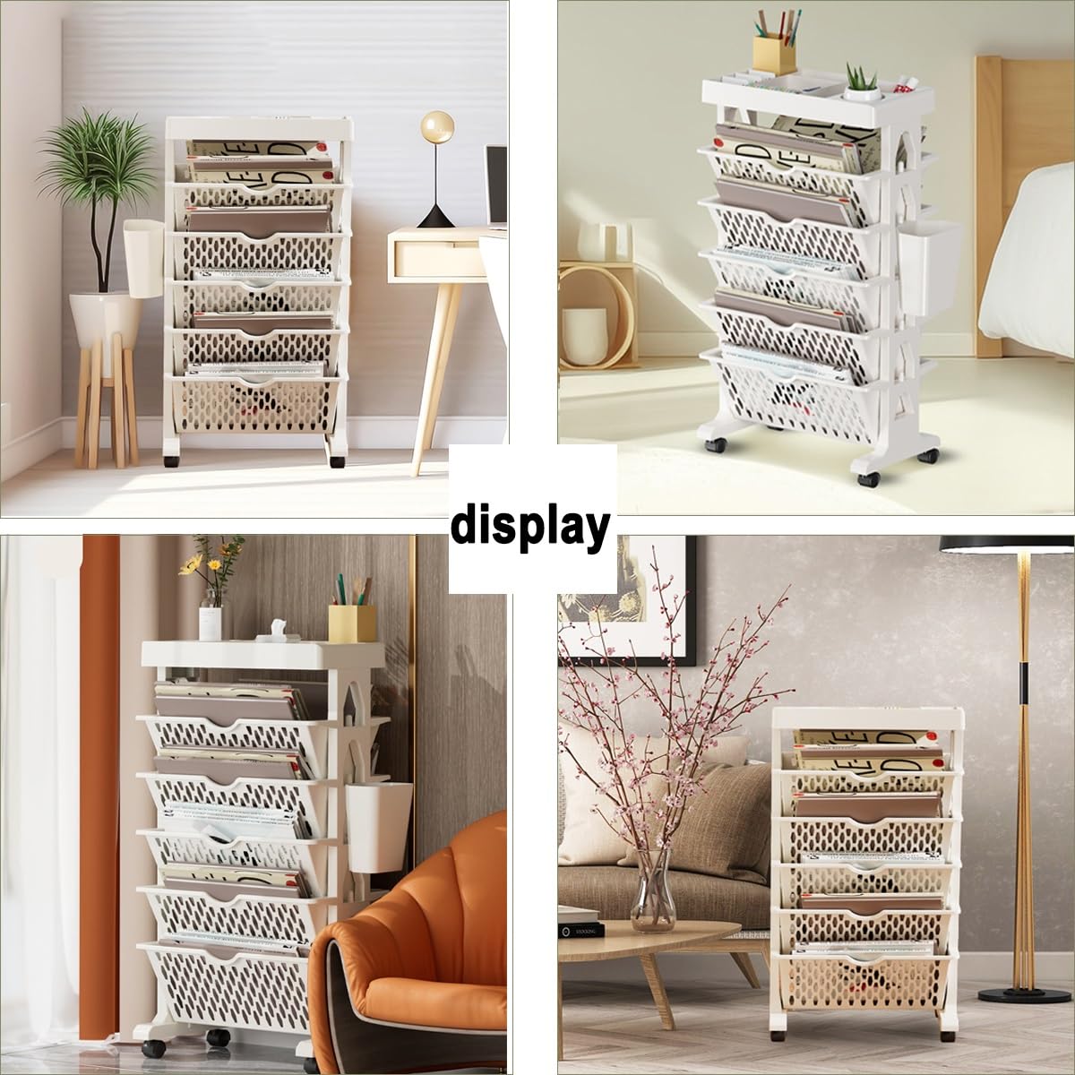 Movable Classroom Deskside Bookshelf, Desk Storage Organizer with Caster Wheels, 6-Tier Storage Trolley Under Desk, Adjustable Rolling Cart Organizer Multifunctional Rolling Cart with Hanging Cups