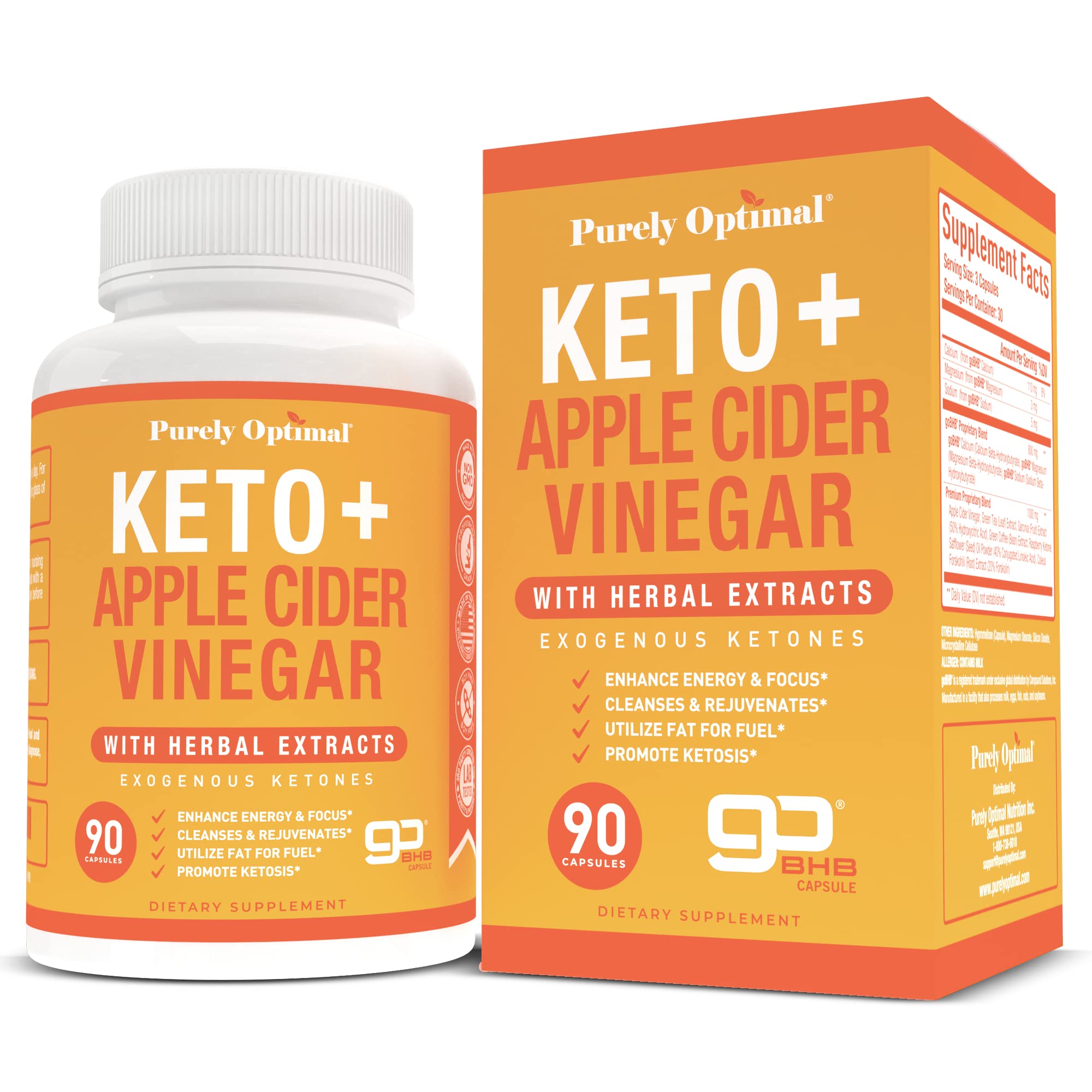 Purely Optimal Premium Keto+Apple Cider Vinegar Pills - w/Garcinia Cambogia, Keto Bhb Exogenous Ketones - 90 Capsules